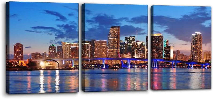 Cityscape Wall Art Set of 3 - Miami Beach Skyline Night Cityscape Miami ...