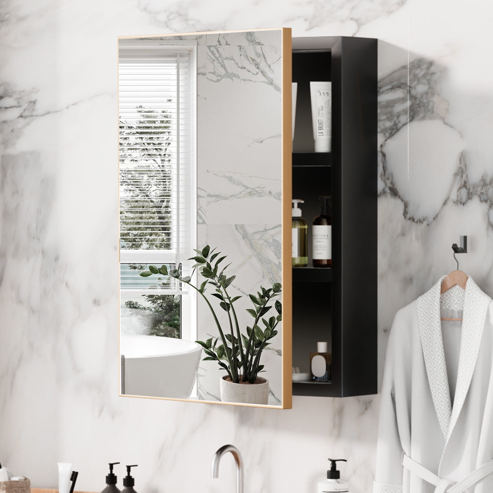 Ciumeeo Bathroom Wall Cabinet Single Mirror Wall Mounted Storage Mirror Cabinet with Shelves Rose Gold