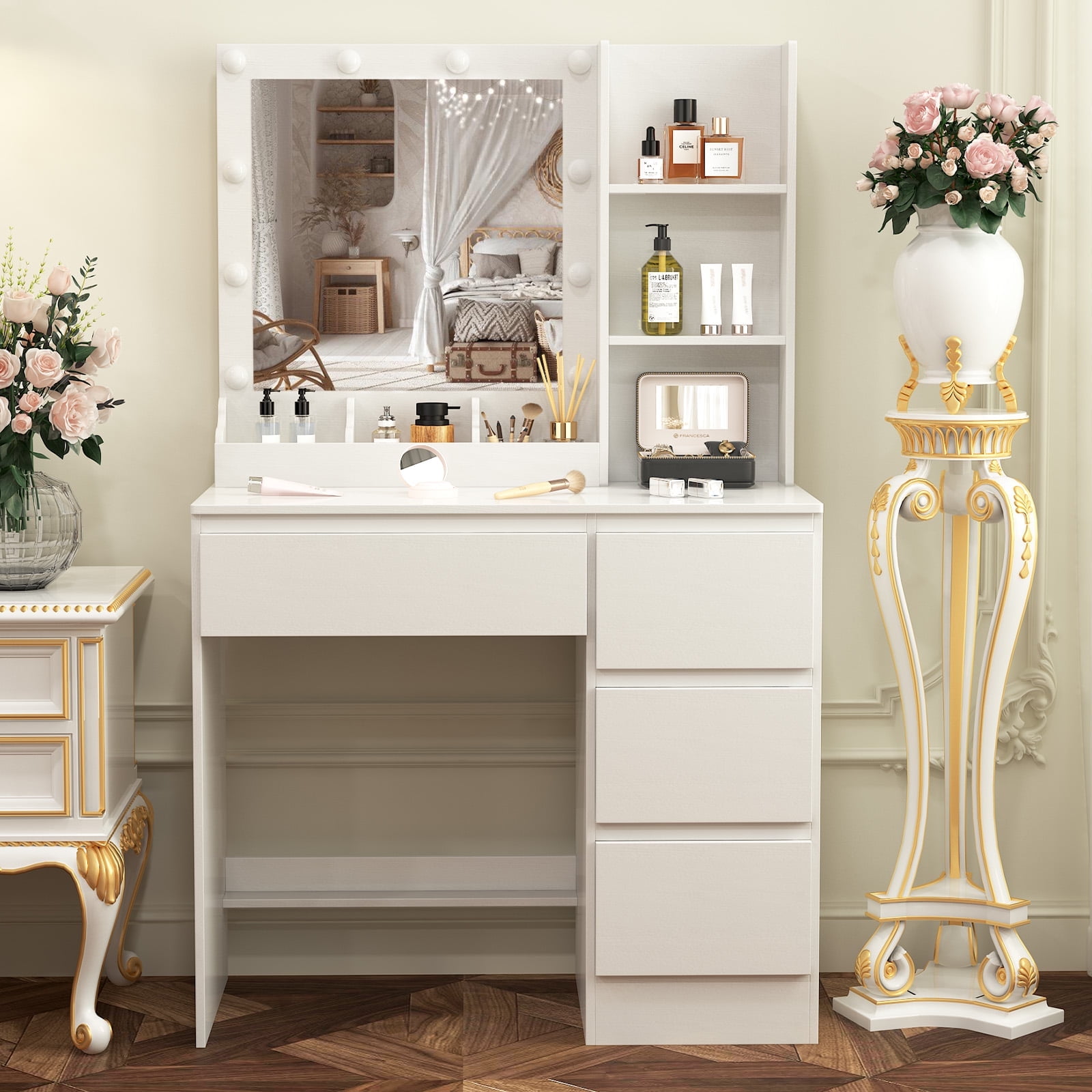 Ciumeeo Vanity Table with 3 Lightign Options, Vanity Desk with 4 ...