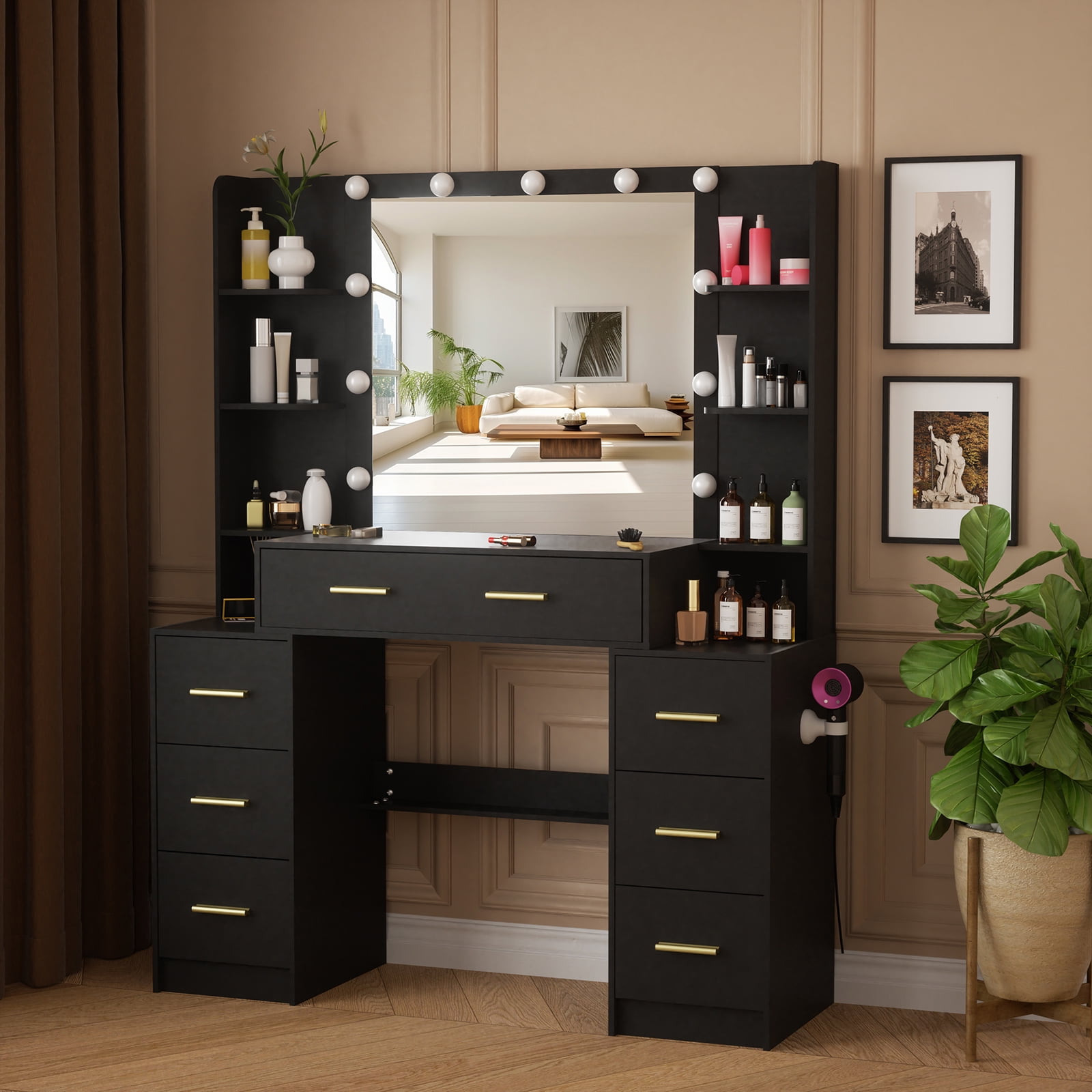 Ciumeeo Makeup Vanity Desk with Mirror & LED Lights, Vanity Table with ...