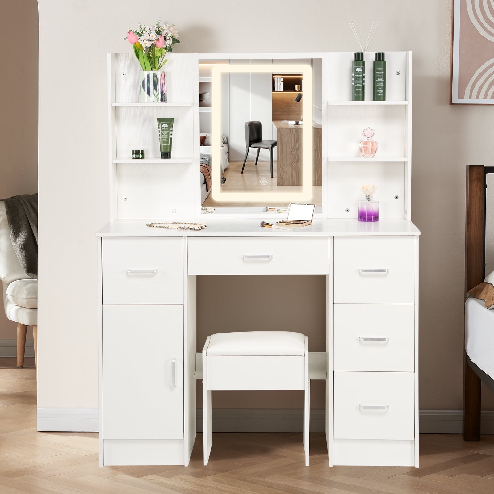 Ciumeeo Makeup Vanity with Lights and Mirror, Vanity Table with Drawers ...