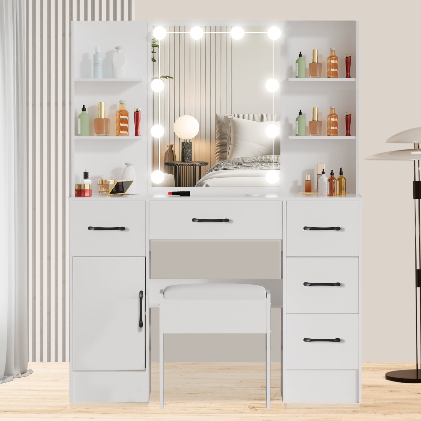 Ciumeeo Modern Dressing Table Set White Makeup Desk with LED Lights ...