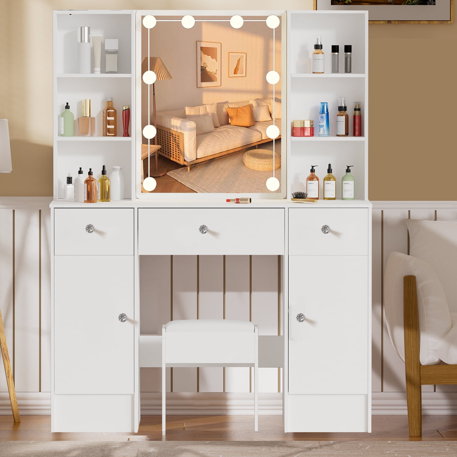 Ciumeeo Vanity Desk with Mirror & Light,Modern Makeup Vanity Set with ...