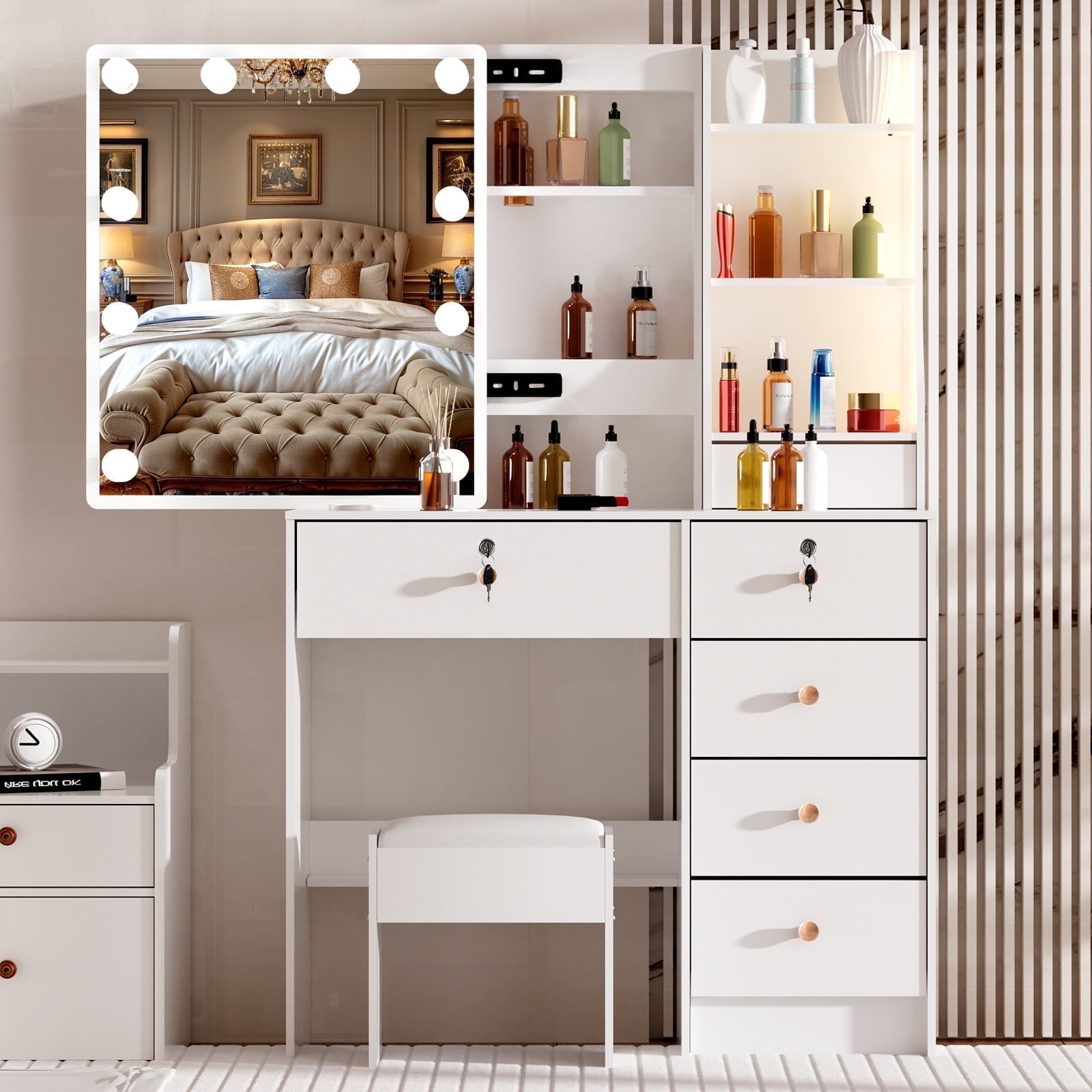 Ciumeeo Vanity Desk with Lighted Mirror and Stool , 3 Color Lighting ...