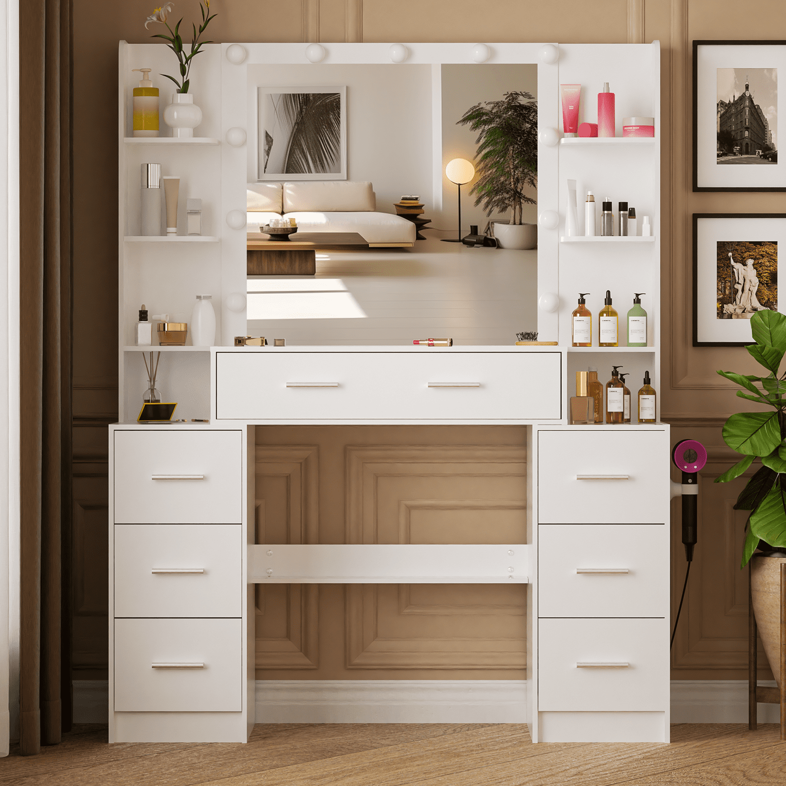 Ciumeeo White Large Makeup Table, Vanity Desk Set with 7-Drawers, 6 ...