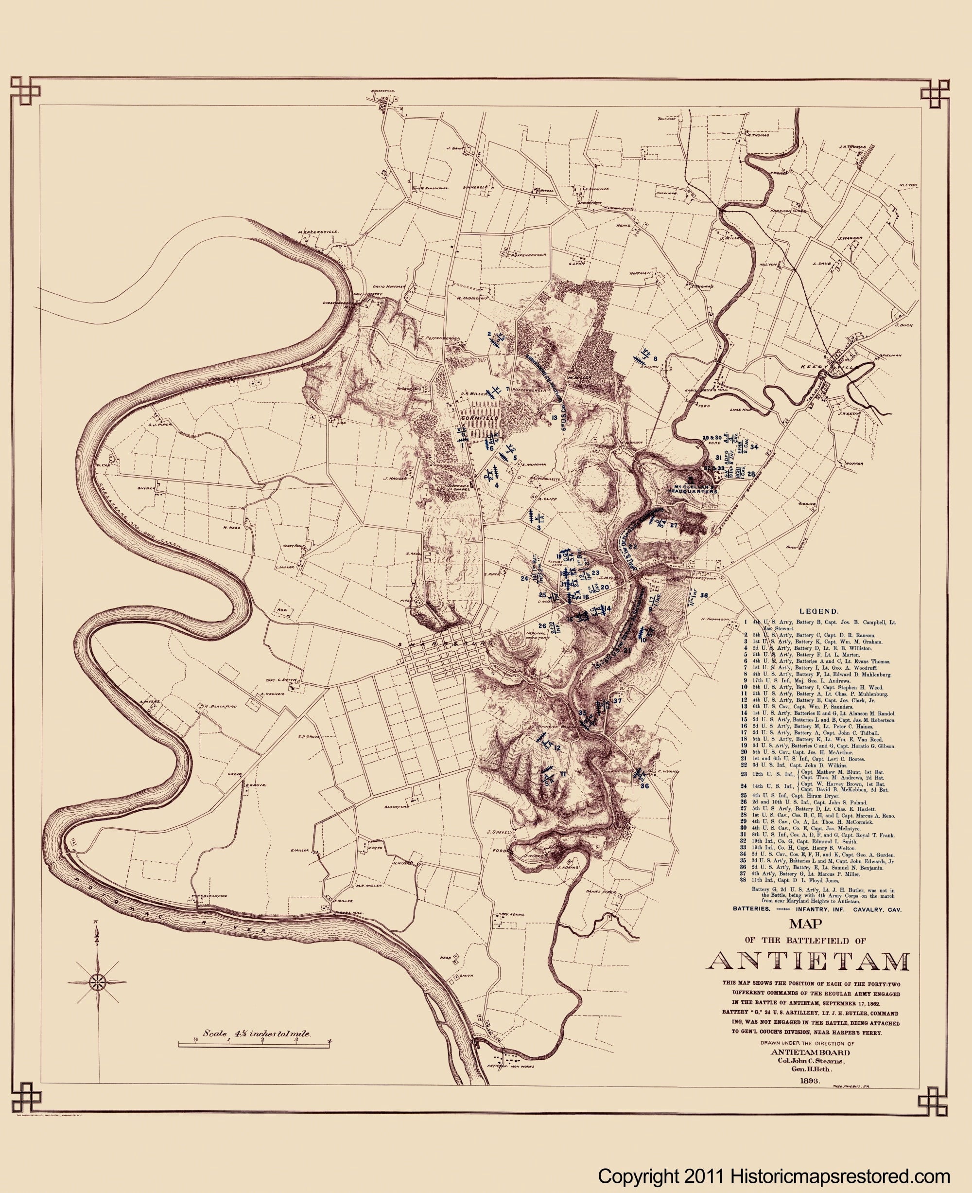 Historical Civil War Map - Antietam Battlefield - Stearns 1893 - 23 x ...