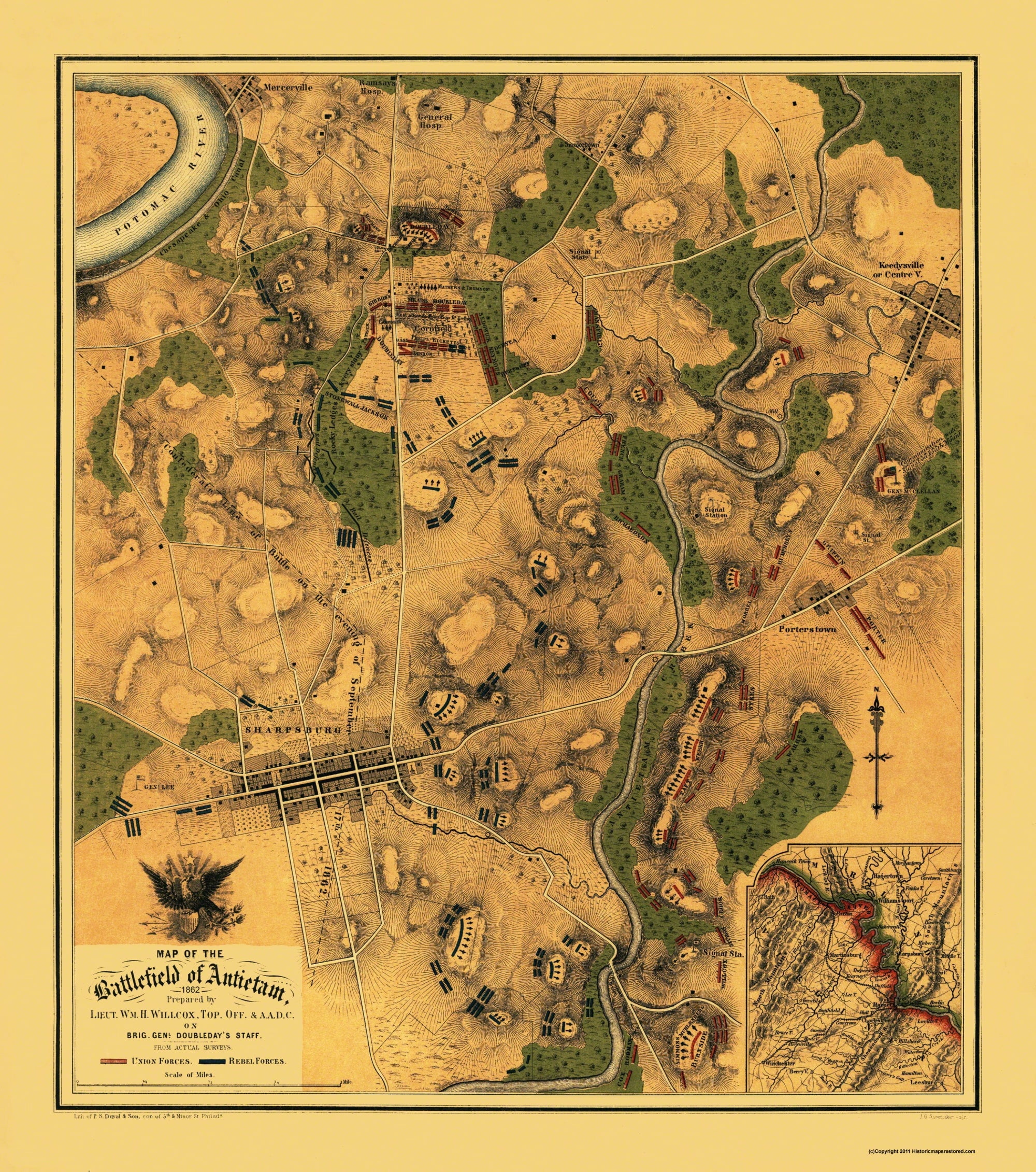 Historical Civil War Map - Antietam Pennsylvania Battlefield - Willcox ...