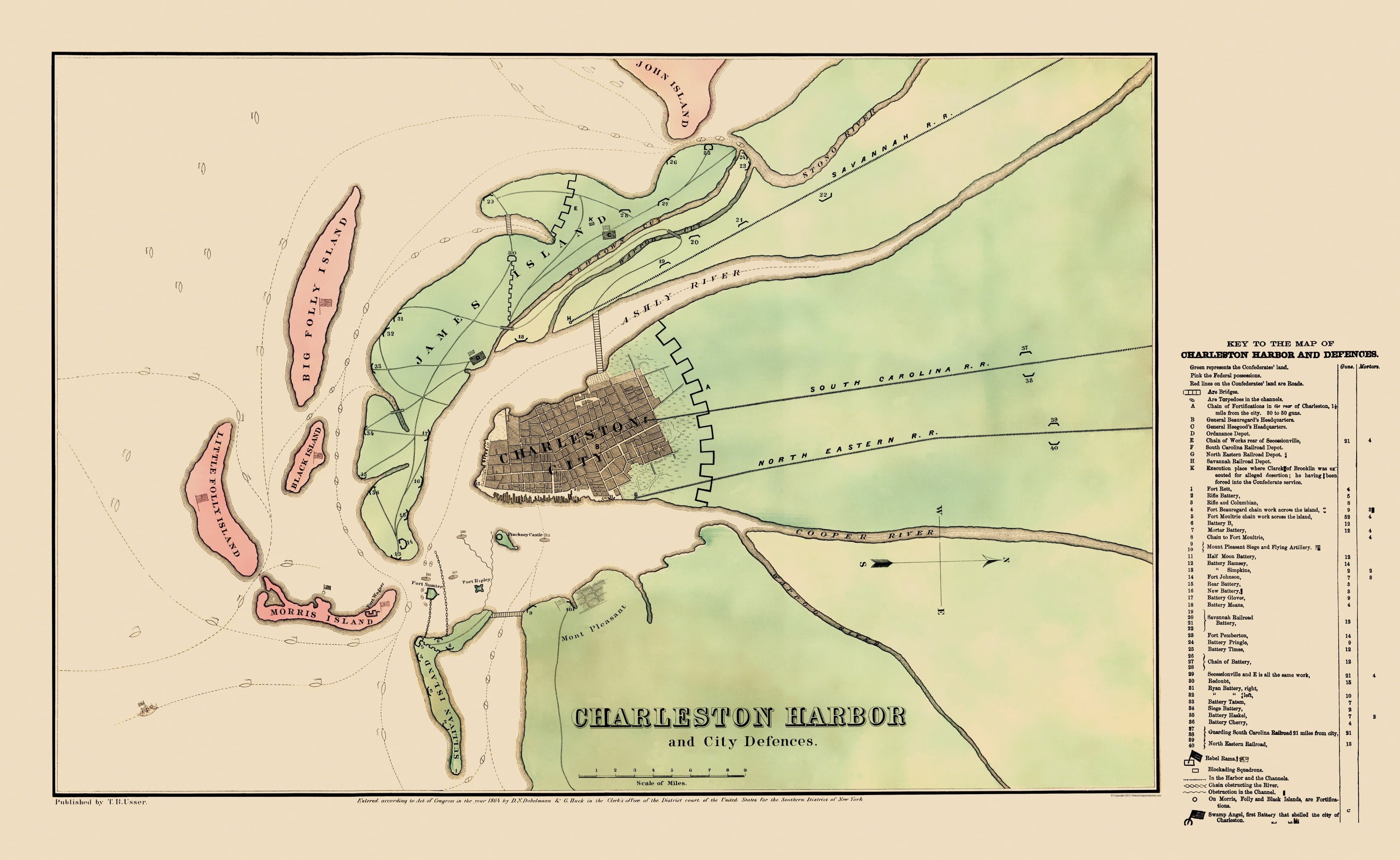 Historical Civil War Map - Charleston Harbor City Defences - Usser 1864 ...
