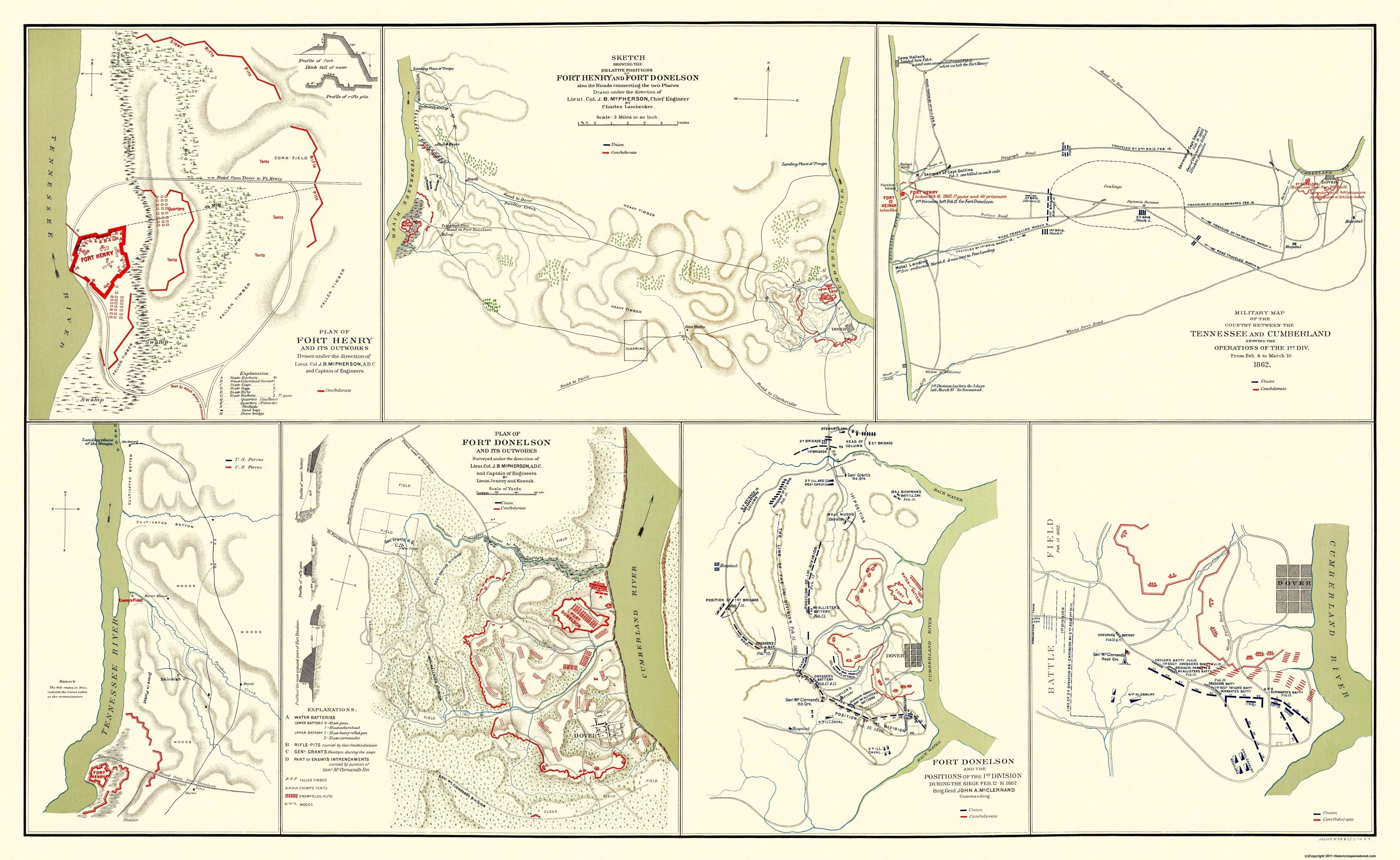Historical Civil War Map - Fort Donelson Fort Henry Tennessee ...