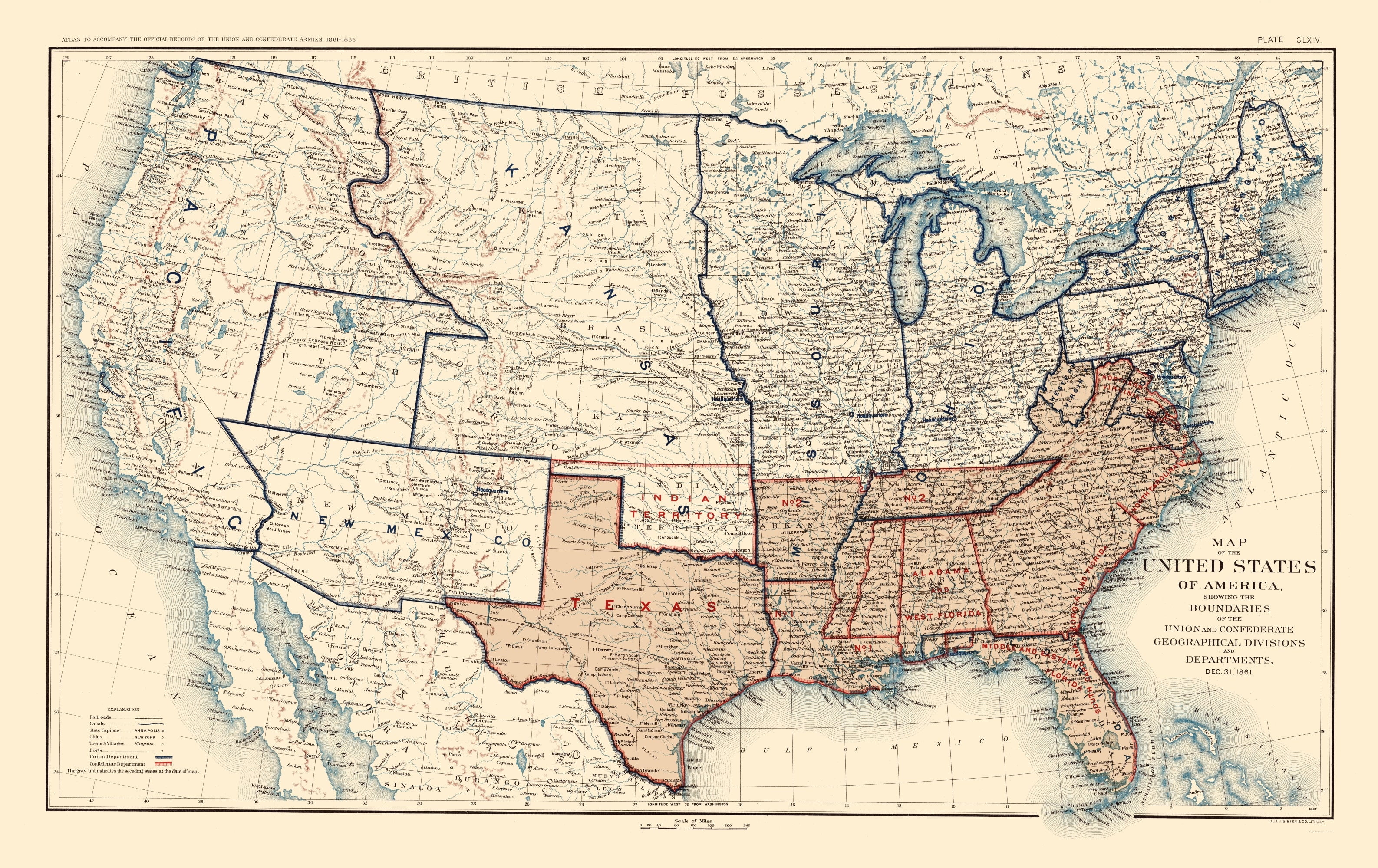 Historical Civil War Map - Geographical Divisions Departments December ...
