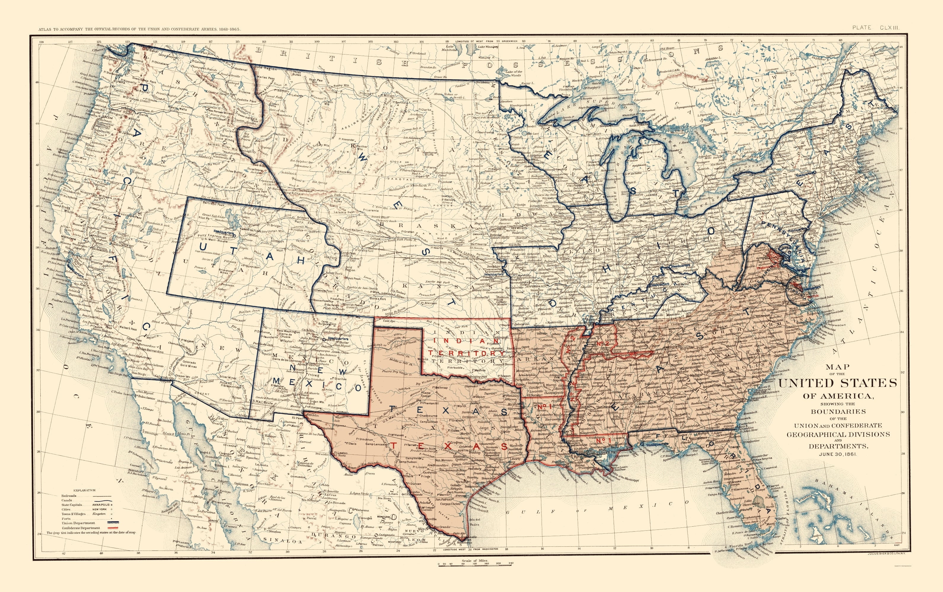 Historical Civil War Map - Geographical Divisions Departments June 1861 ...