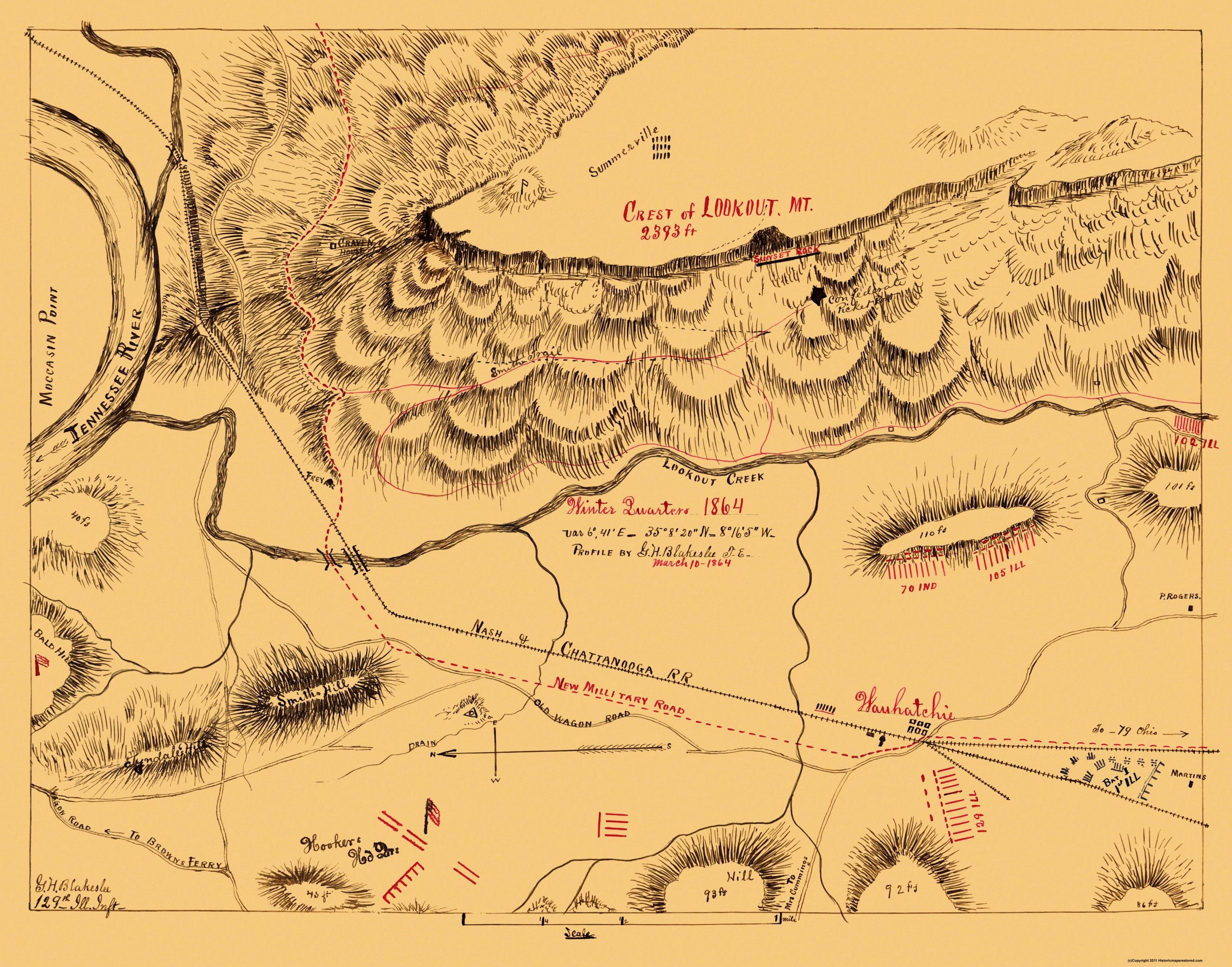 Historical Civil War Map - Lookout Mountain Tennessee Battle ...