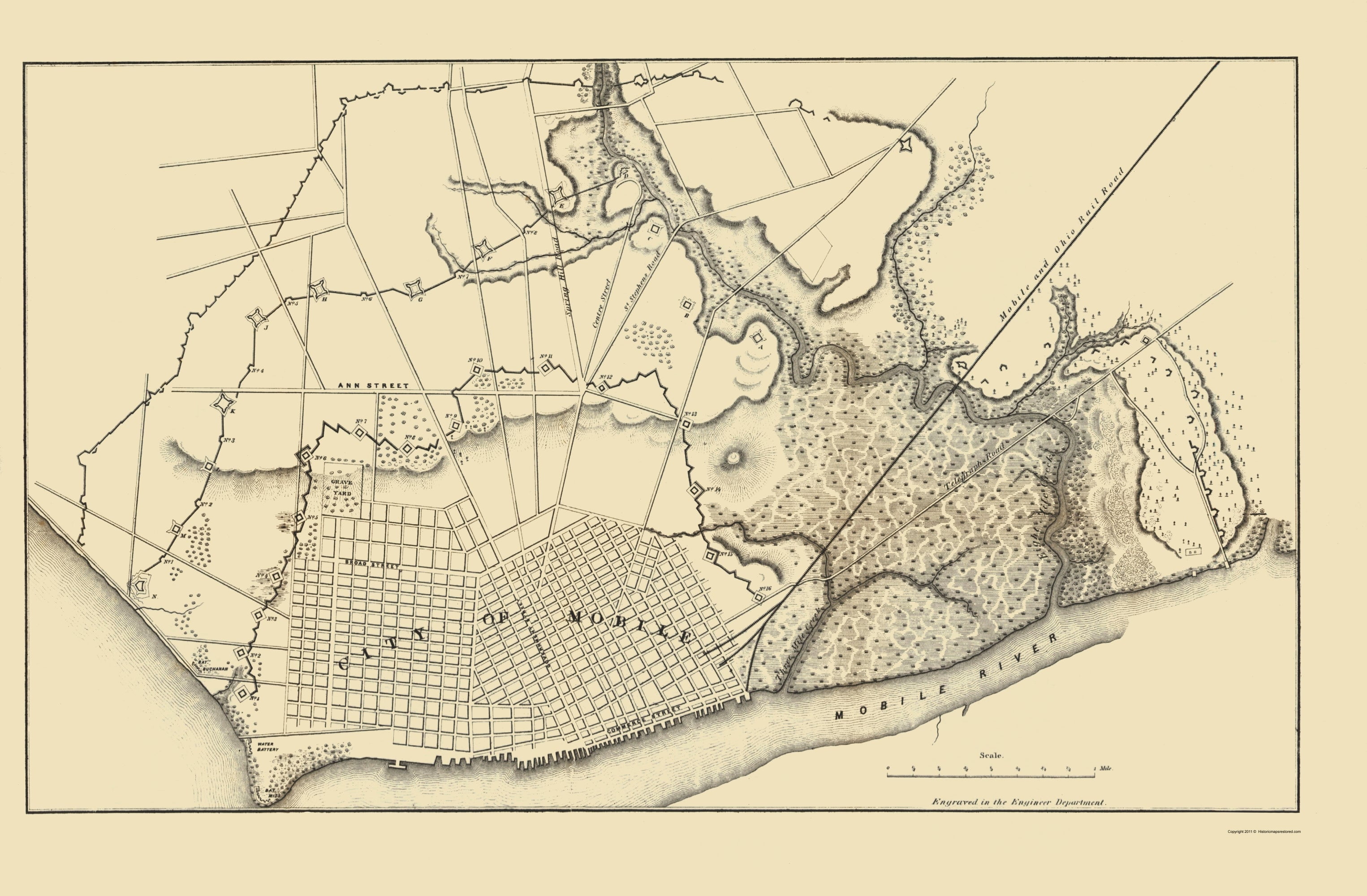 Historical Civil War Map - Mobile Alabama Defence Positions - Bowen ...
