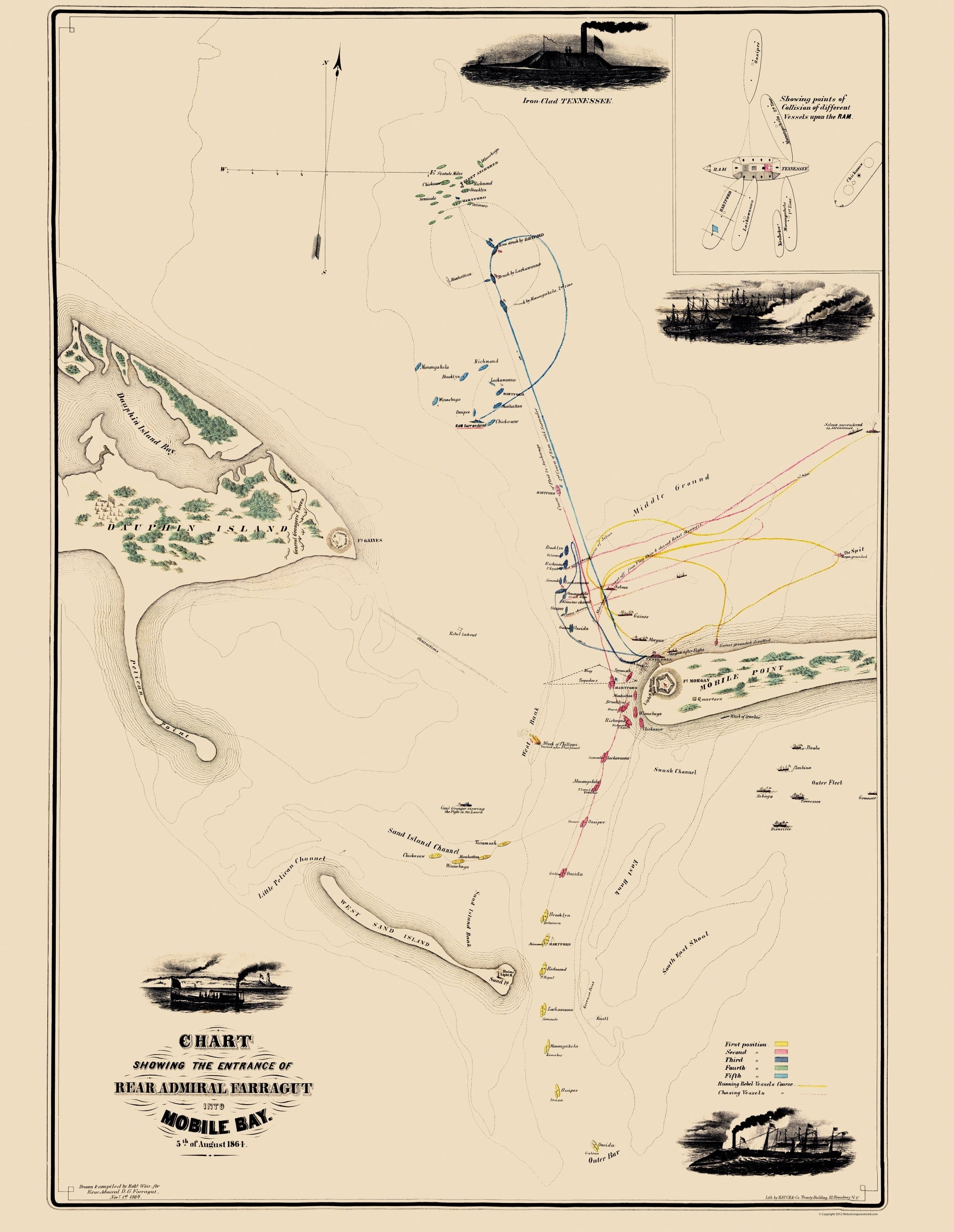 Historical Civil War Map - Mobile Bay Admiral Farragut Entrance - Weir ...