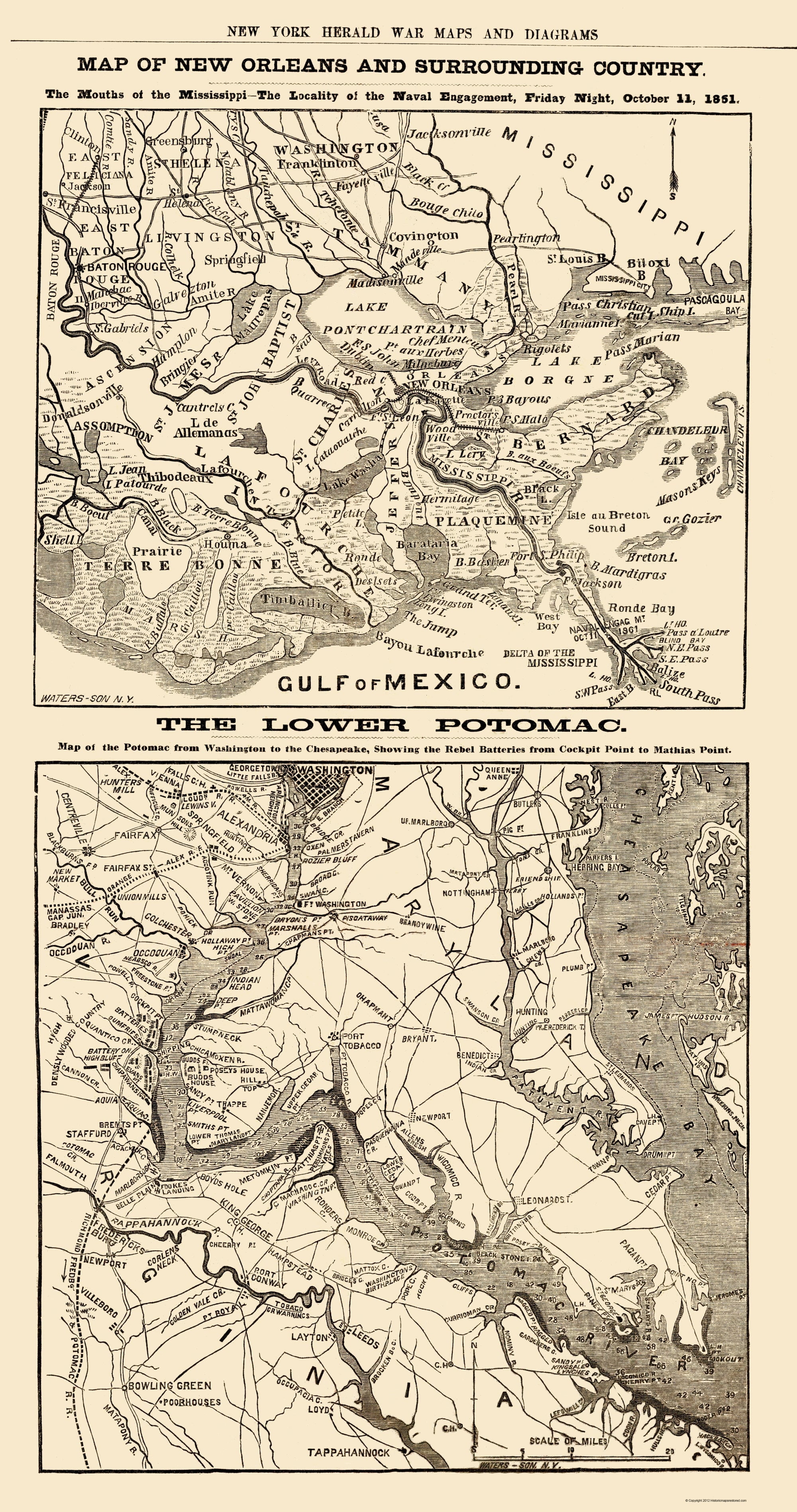Historical Civil War Map - New Orleans Louisiana Lower Potomac River ...