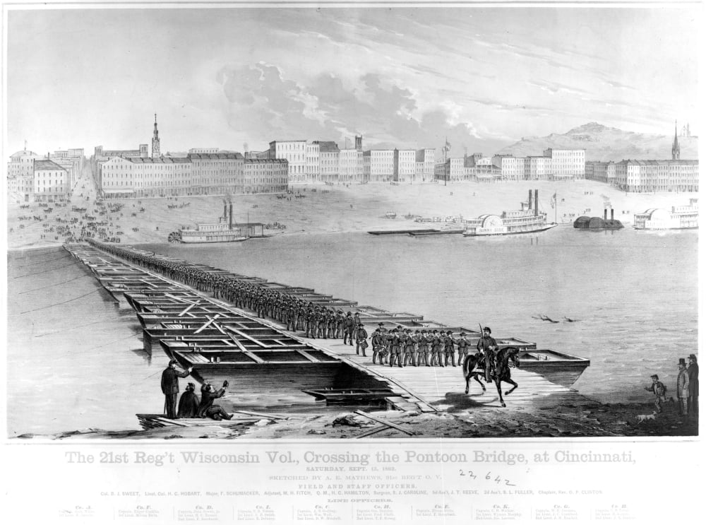 Civil War Pontoon Bridge. Nunion Troops Of The 21St Regiment Wisconsin ...
