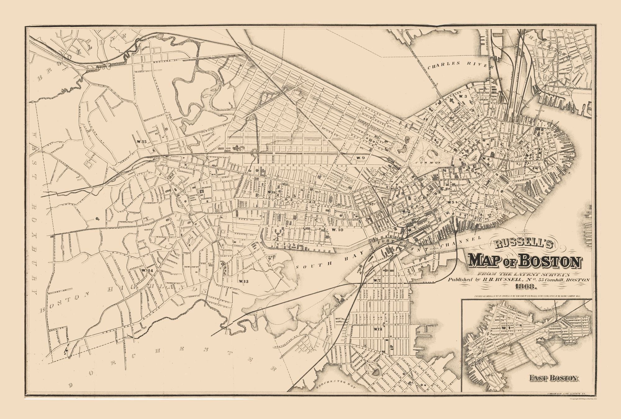 Historic City Map - Boston Massachusetts - Russell 1868 - 34.08 x 23 ...