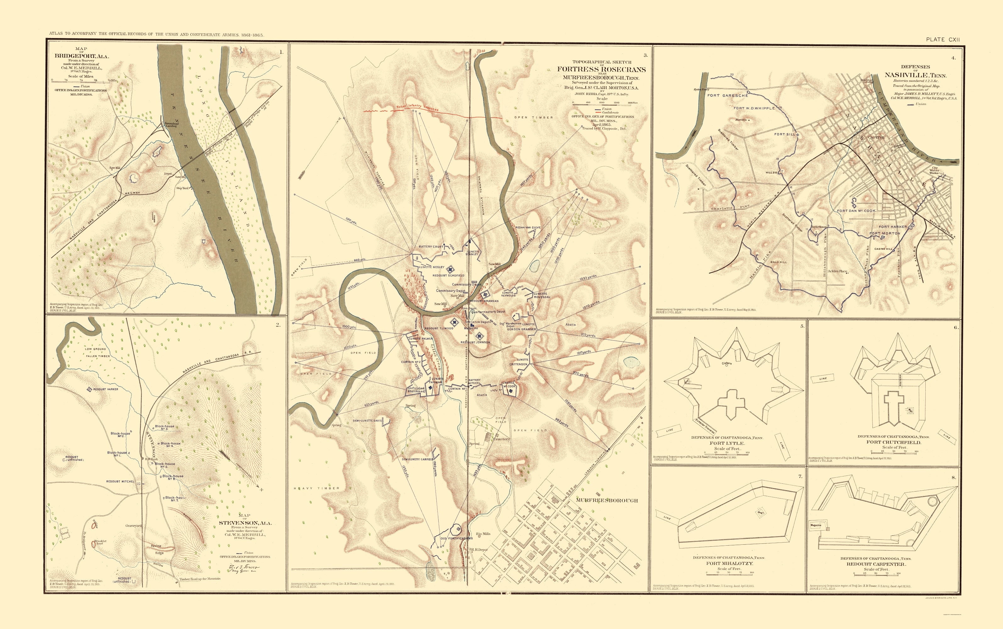 Historical Civil War Map - Tennessee Alabama Defenses Forts - Bien 1895 ...