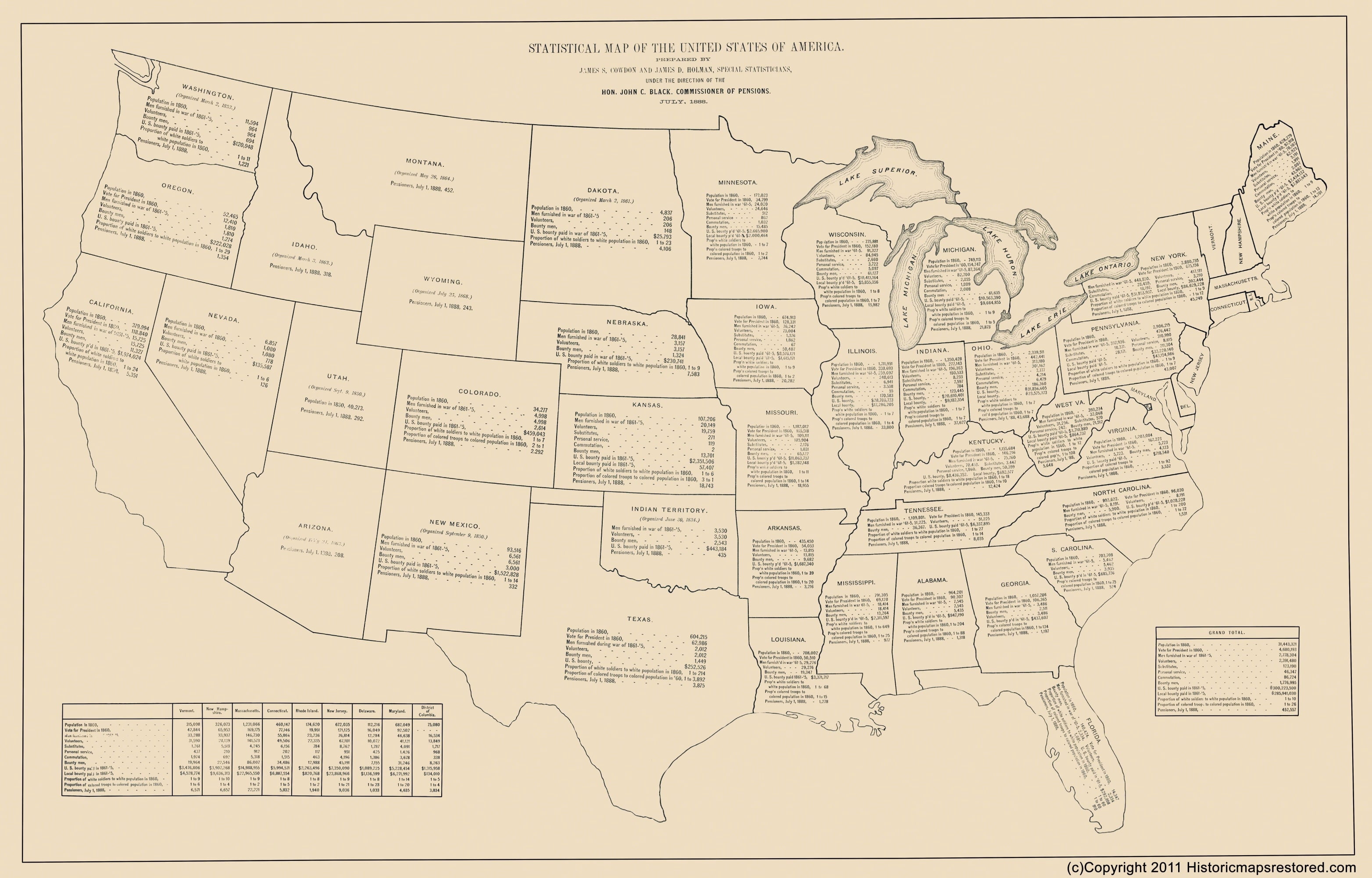Historical Civil War Map - United States Statistical - Black 1888 - 23 ...