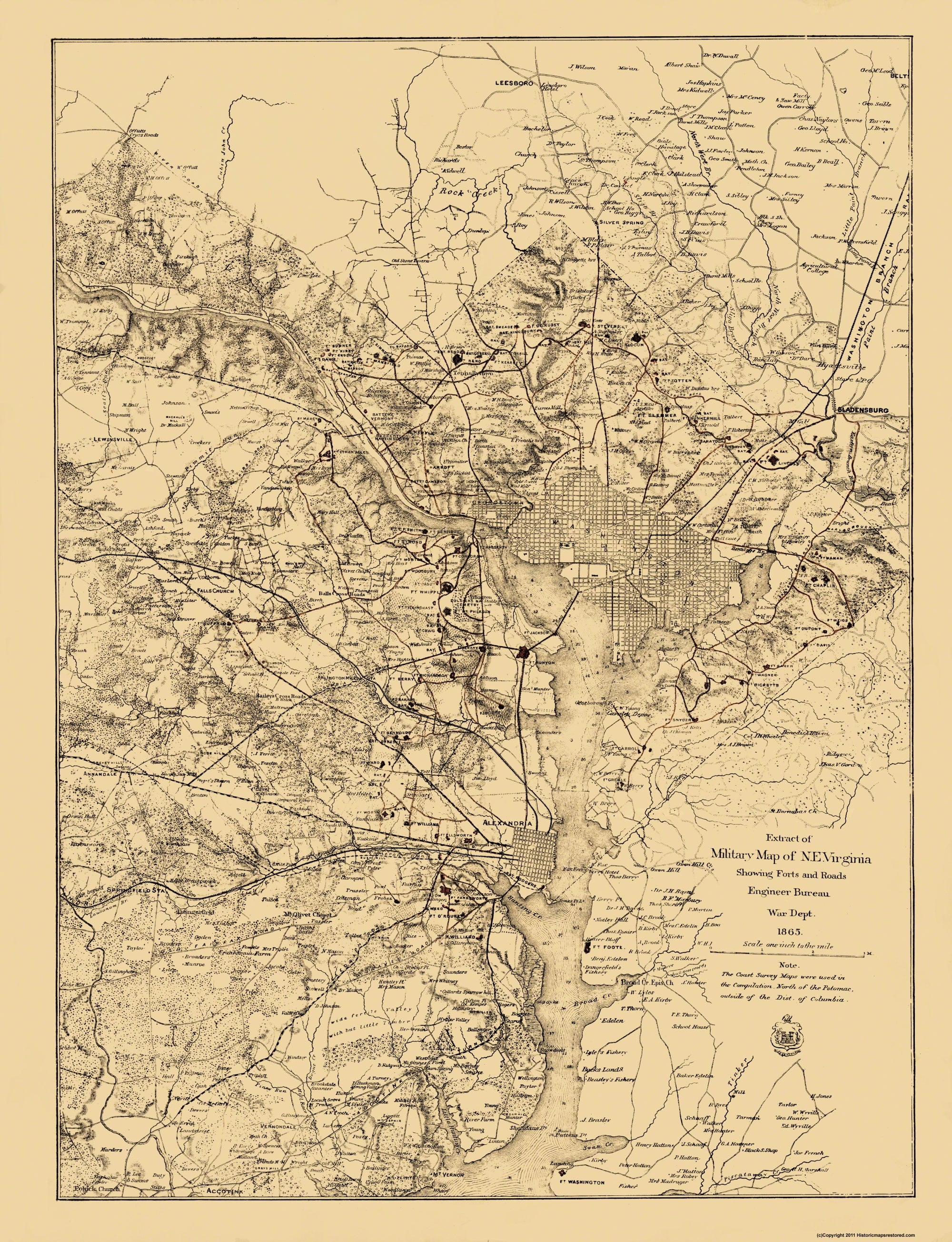 Historical Civil War Map - Virginia Forts Roads - US War Dept 1865 - 23 ...