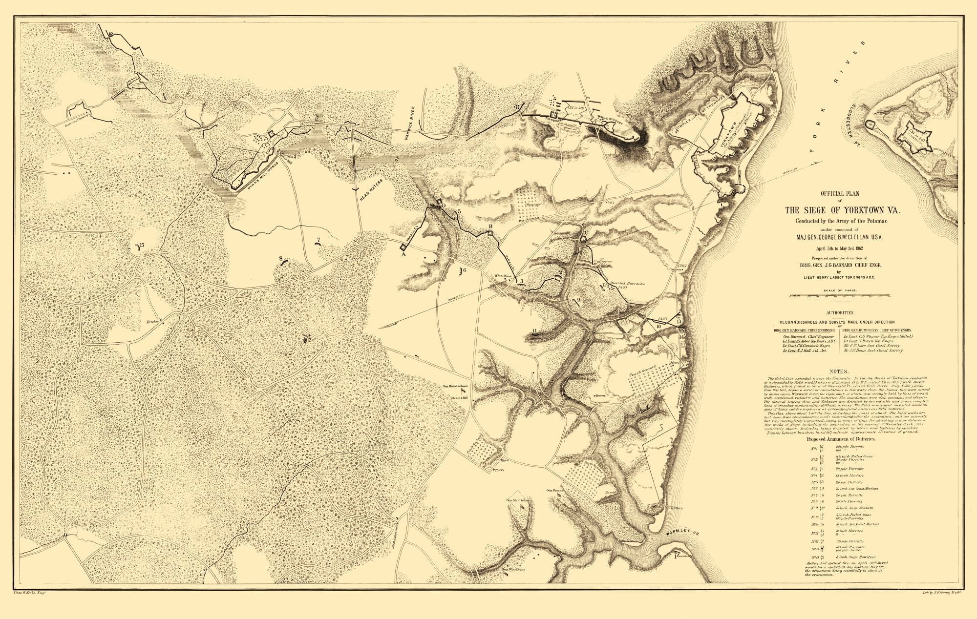 Historical Civil War Map - Yorktown Siege Virginia - Labbot 1862 - 36. ...