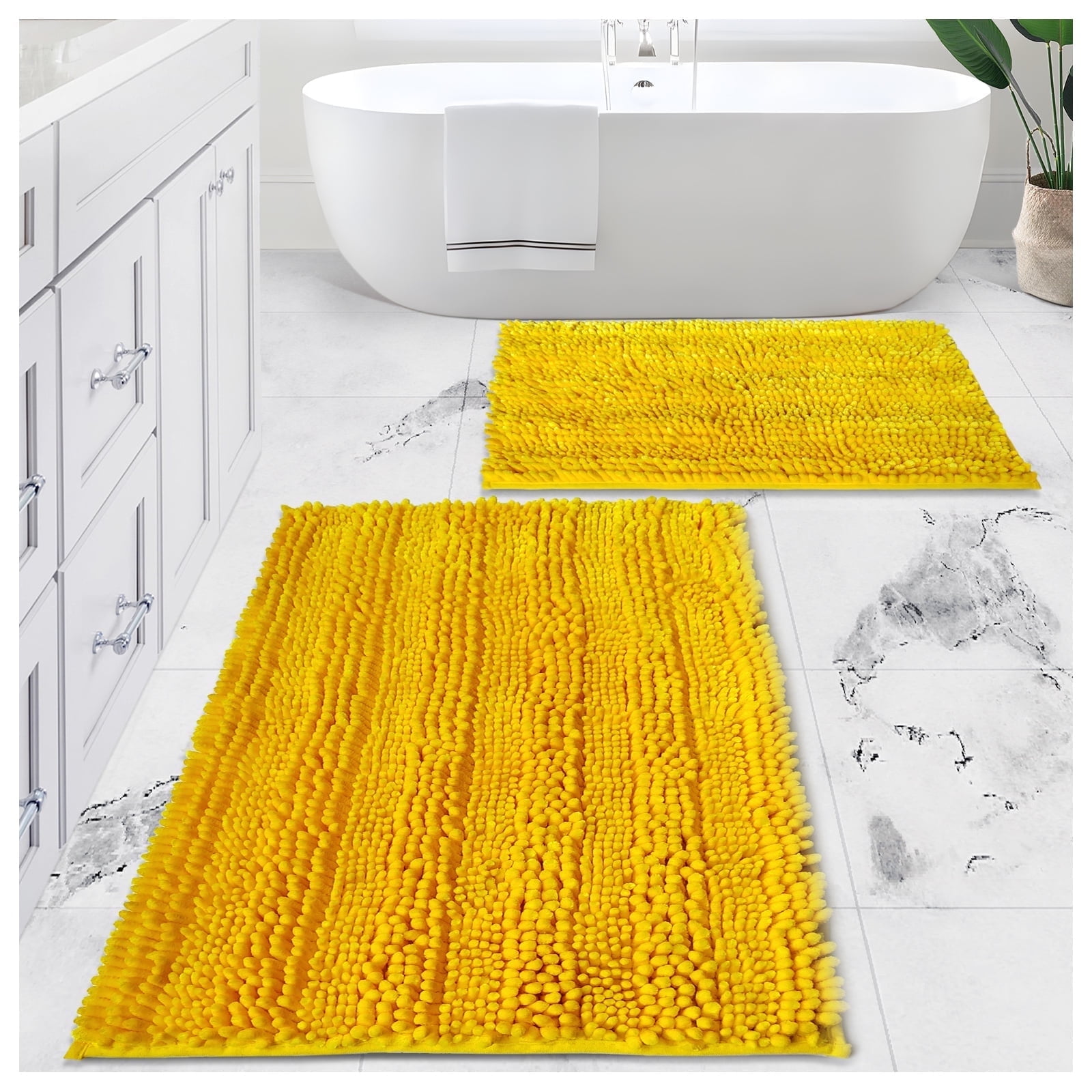 Civkor Non Slip Bathroom Rugs Chenille, Yellow Bath Mat 31"x20" and 24 ...