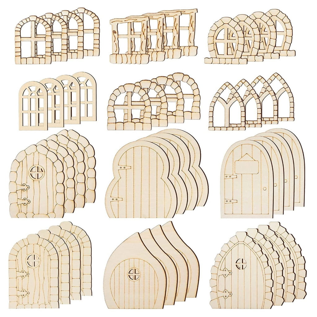 Ciwanning 48Pcs Fairy Door Wood Garden Door Window Fairy House Kits Unfinished Miniatures Door ...