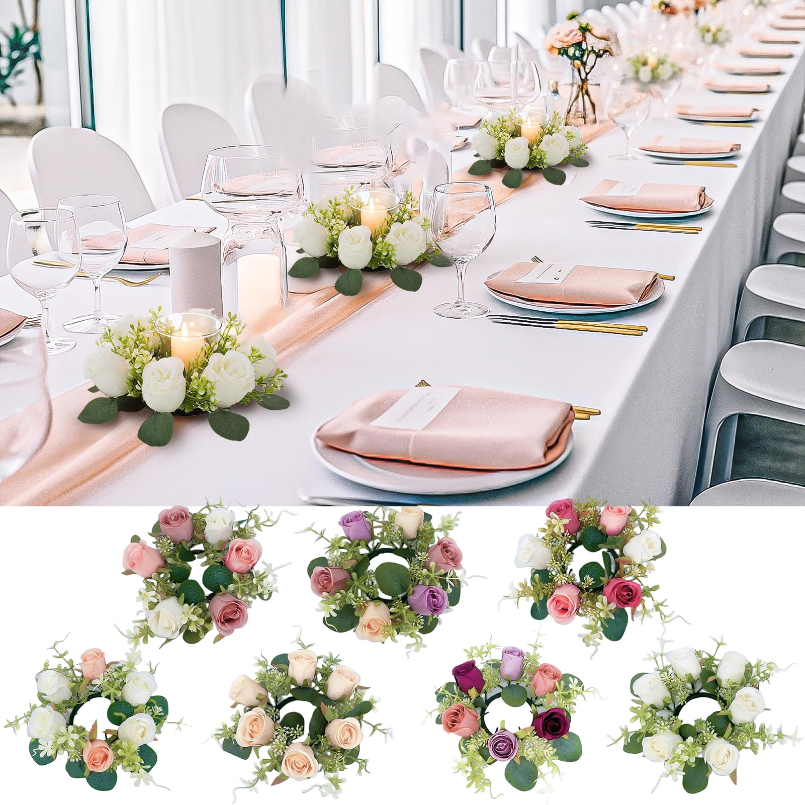 Cixusio Fall Decor 2Pcs Artificial Rose Wreath Candle Ring Pillar ...