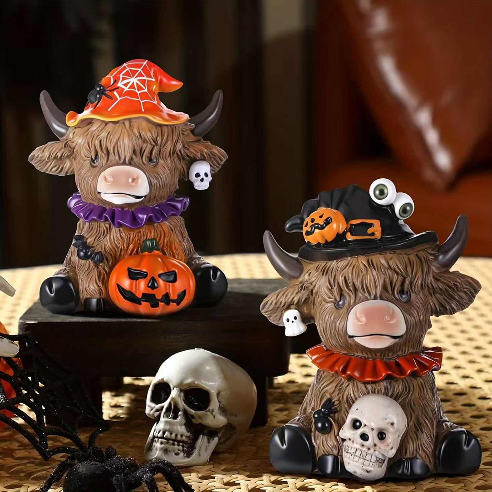 Cixusio Halloween Decorations 1/2Pcs Highland Cow Figurine Pumpkin ...