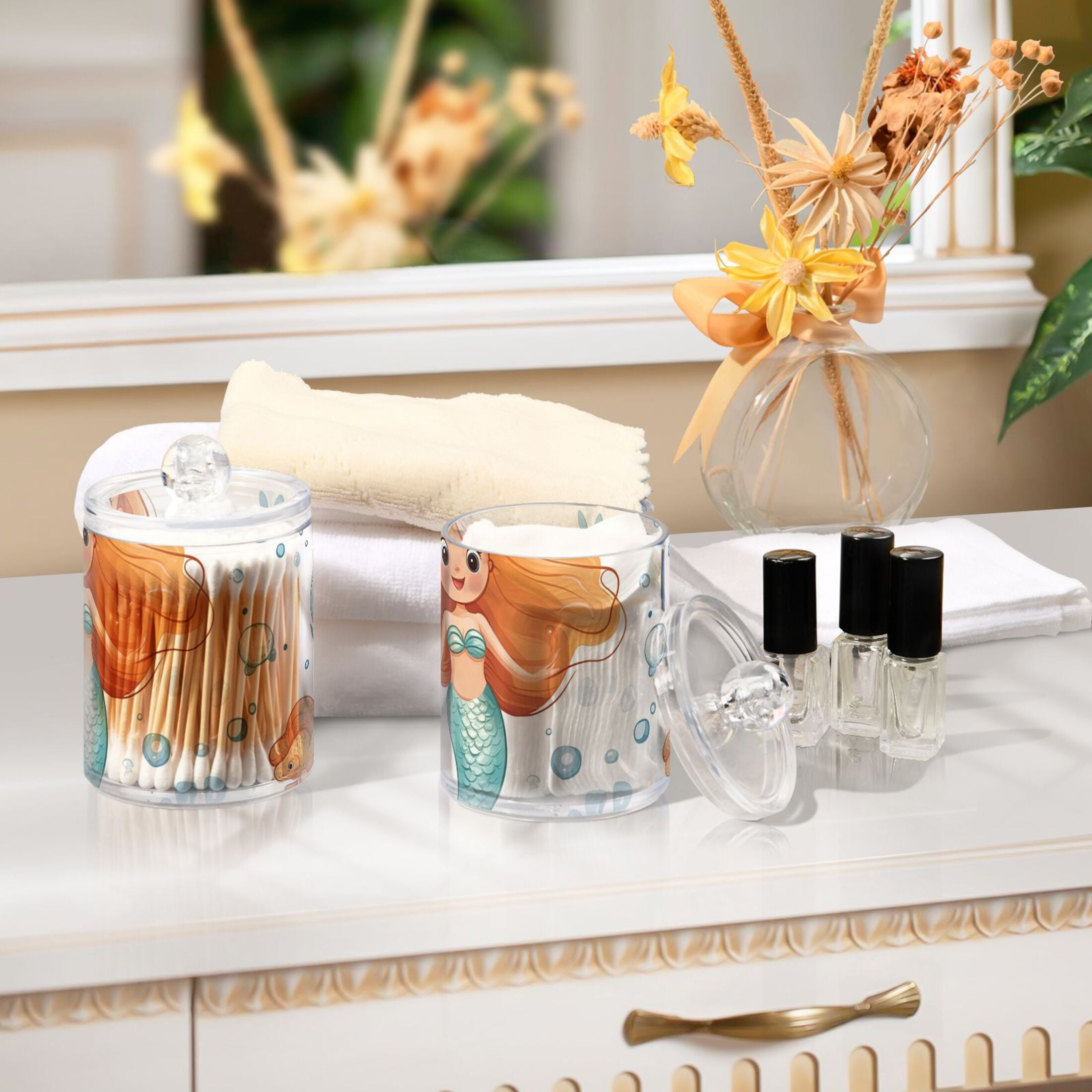 Ckdifva Cartoon Mermaid Storage Jar with Lid Acrylic Organization ...