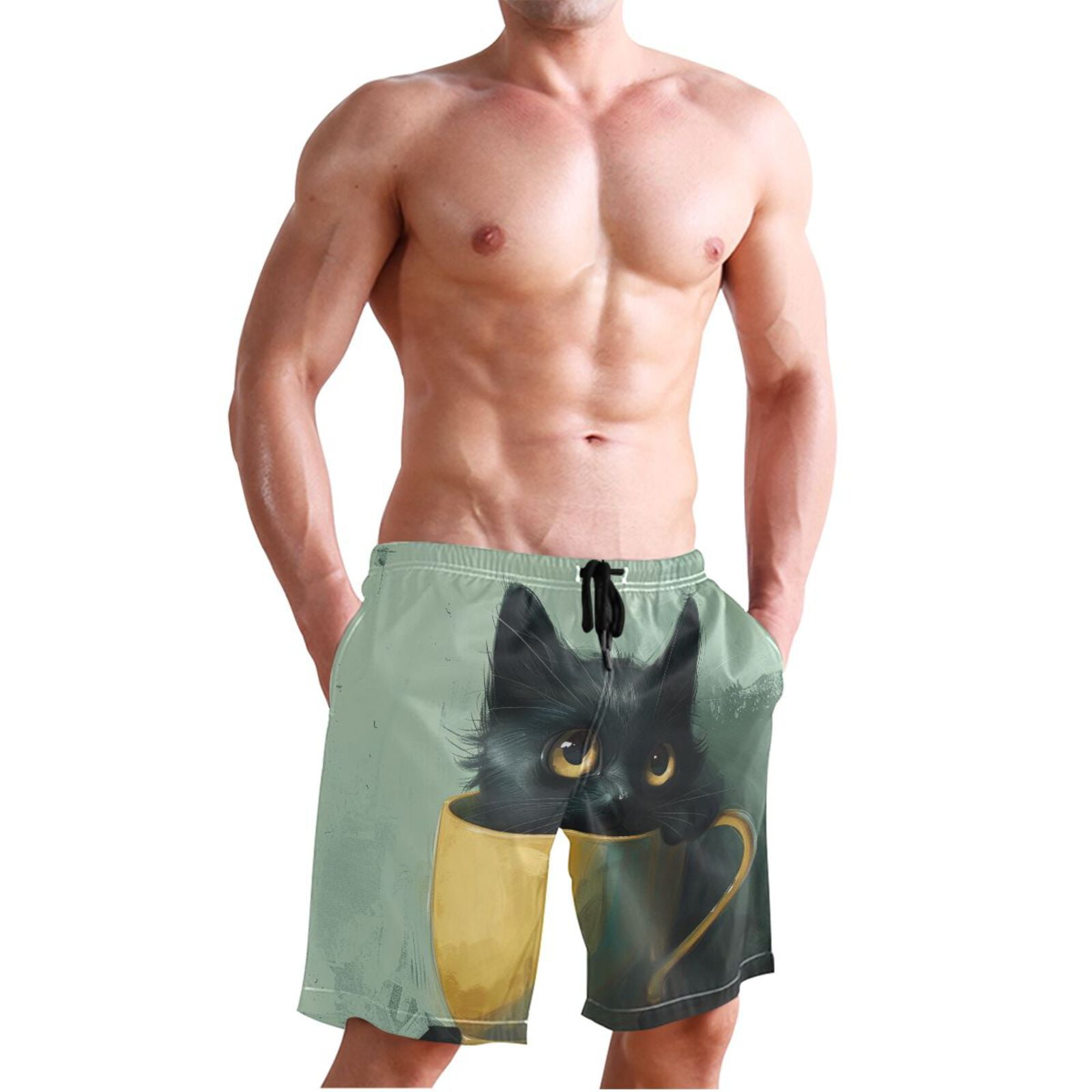 Ckdifva Cat Cup Men's Board Shorts Swim Trunks Drawstring Summer Beach ...