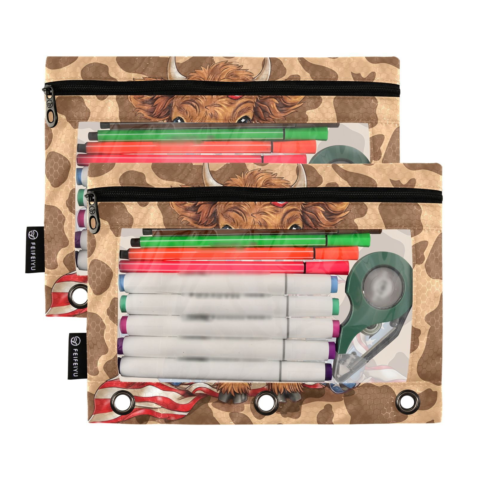 Ckdifva Cowboy American Flag Cow Pencil Pouch 3 Ring Zipper Pencil Case ...