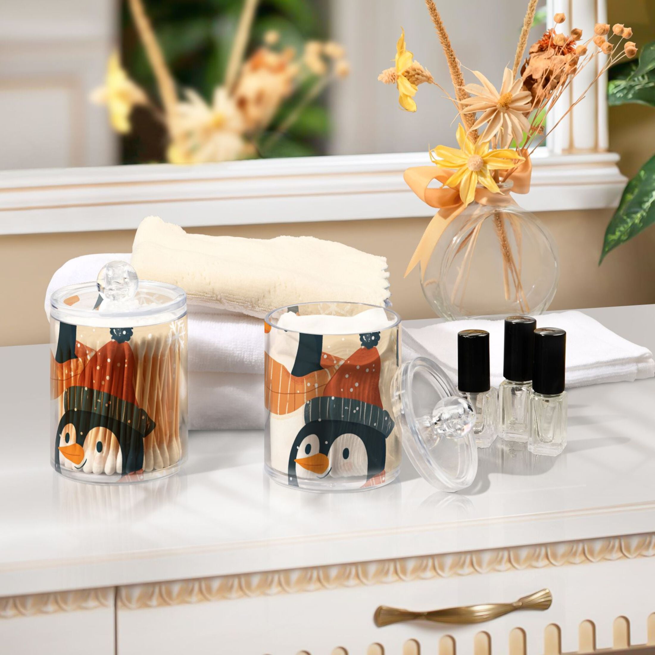 Ckdifva Cute Penguins Gifts Storage Jar with Lid Acrylic Organization ...