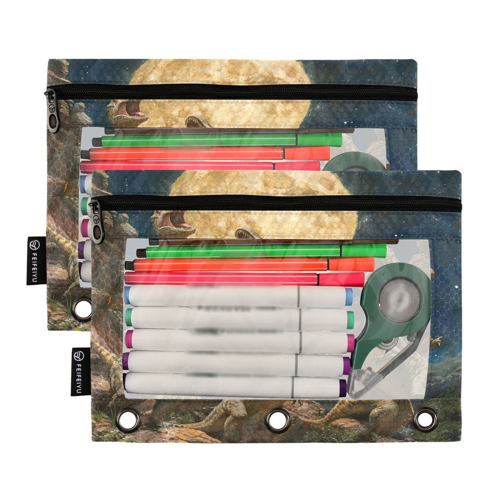 Ckdifva Dinosaurs Howling at Moon Pencil Pouch 3 Ring Zipper Pencil ...