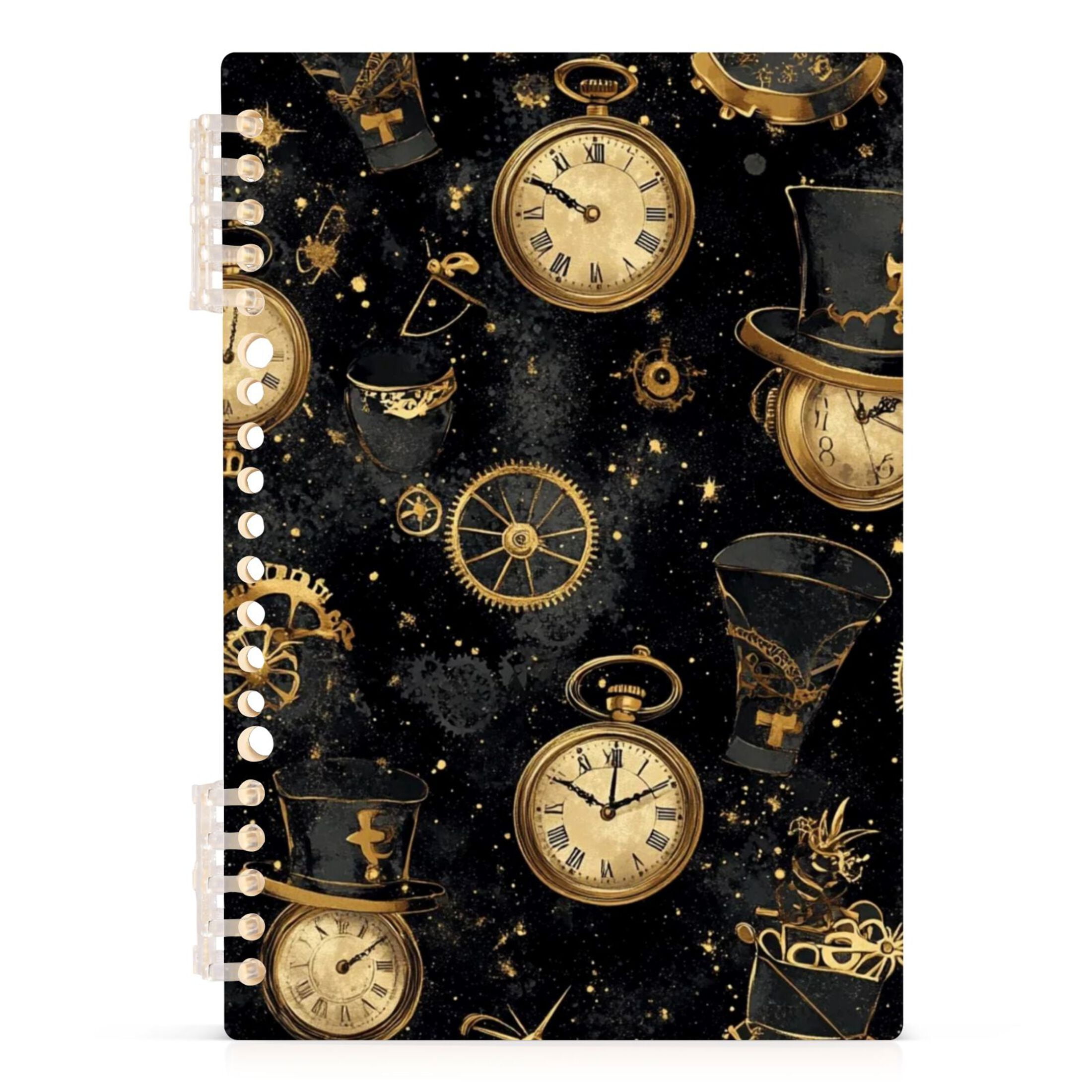 Ckdifva Gold Clocks Machines Hats A5 Ring Binder Notebook Journey Note Diary College Ruled Study ...