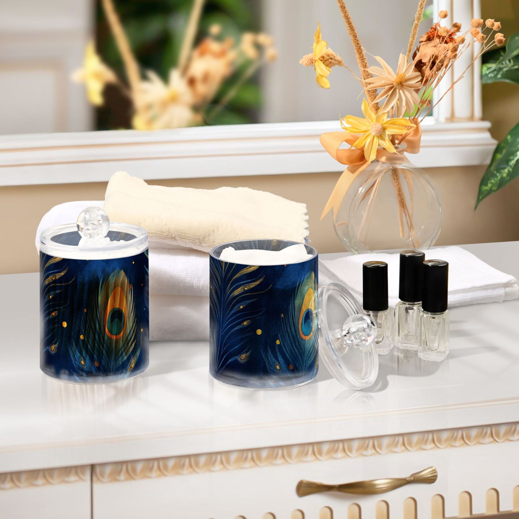 Ckdifva Peacock Feather Blue Storage Jar with Lid Acrylic Organization ...
