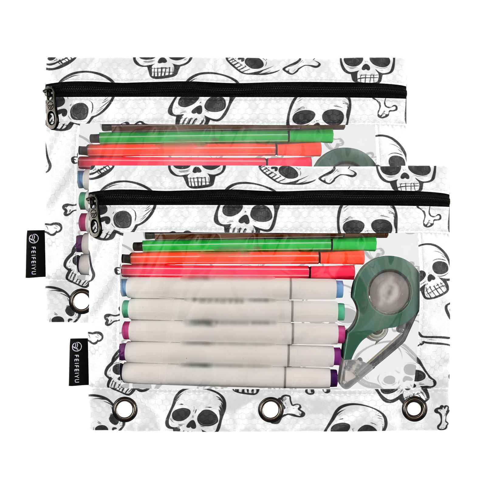 Ckdifva Skulls and Bones Pencil Pouch 3 Ring Zipper Pencil Case Binder ...