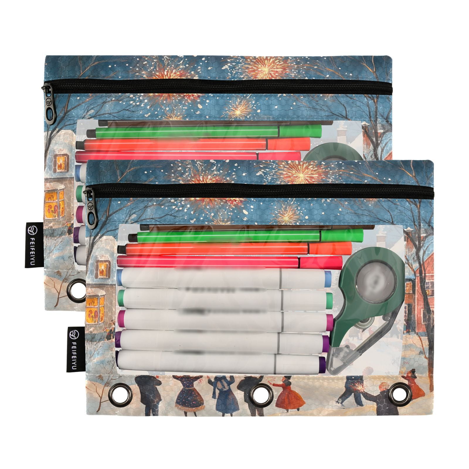 Ckdifva Town Fireworks Blooming Snow Pencil Pouch 3 Ring Zipper Pencil ...