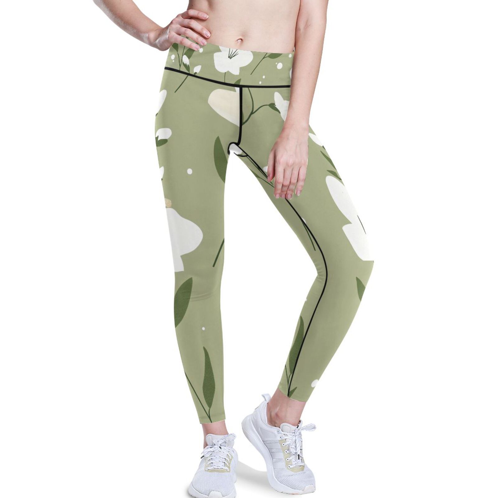 Ckdifva White Flowers Leaves in Green Yoga Pants with Pockets for Women ...