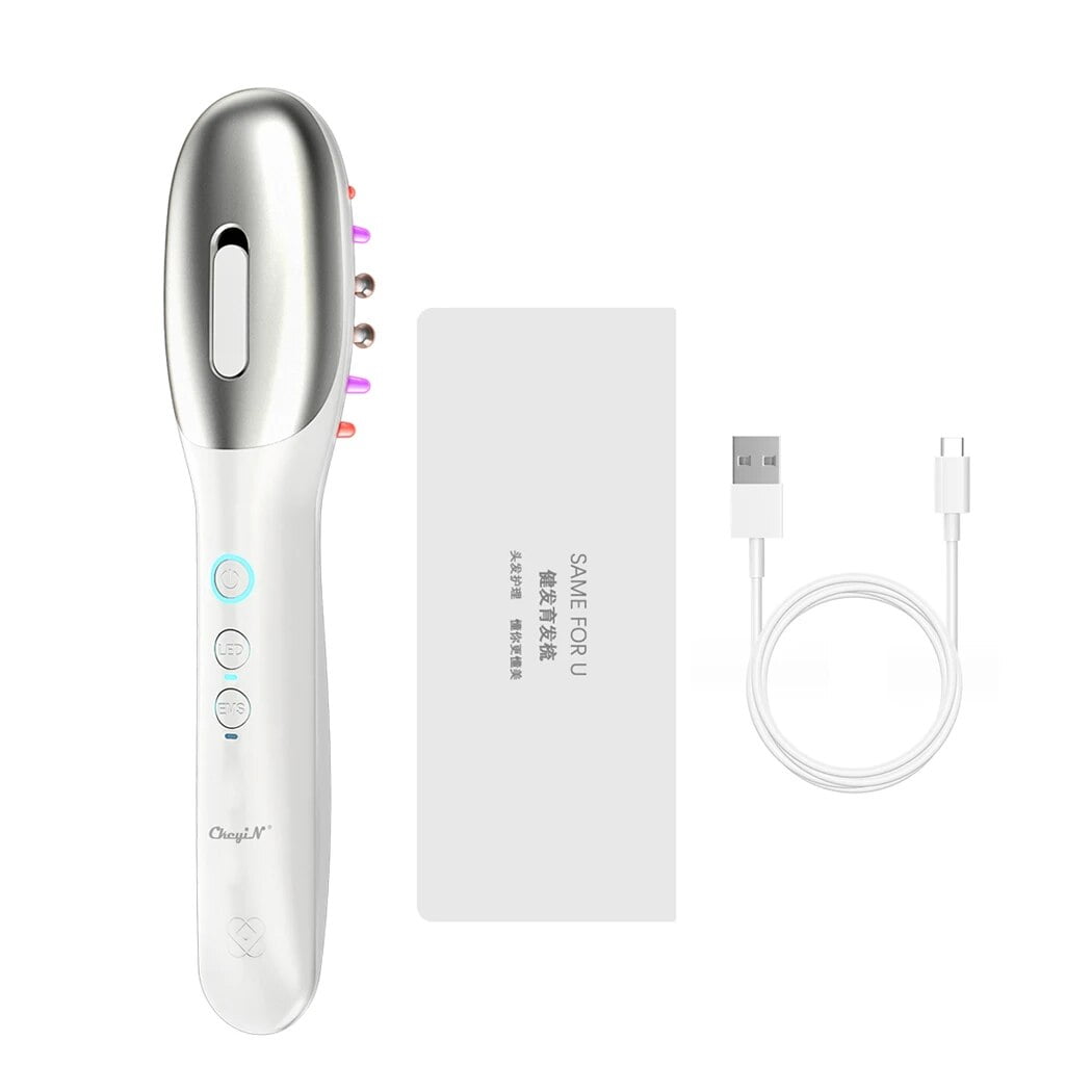 CkeyiN EMS Electric Massage Comb Vibration LED Blue Red Light Therapy Hair Massage Scalp Brush ...