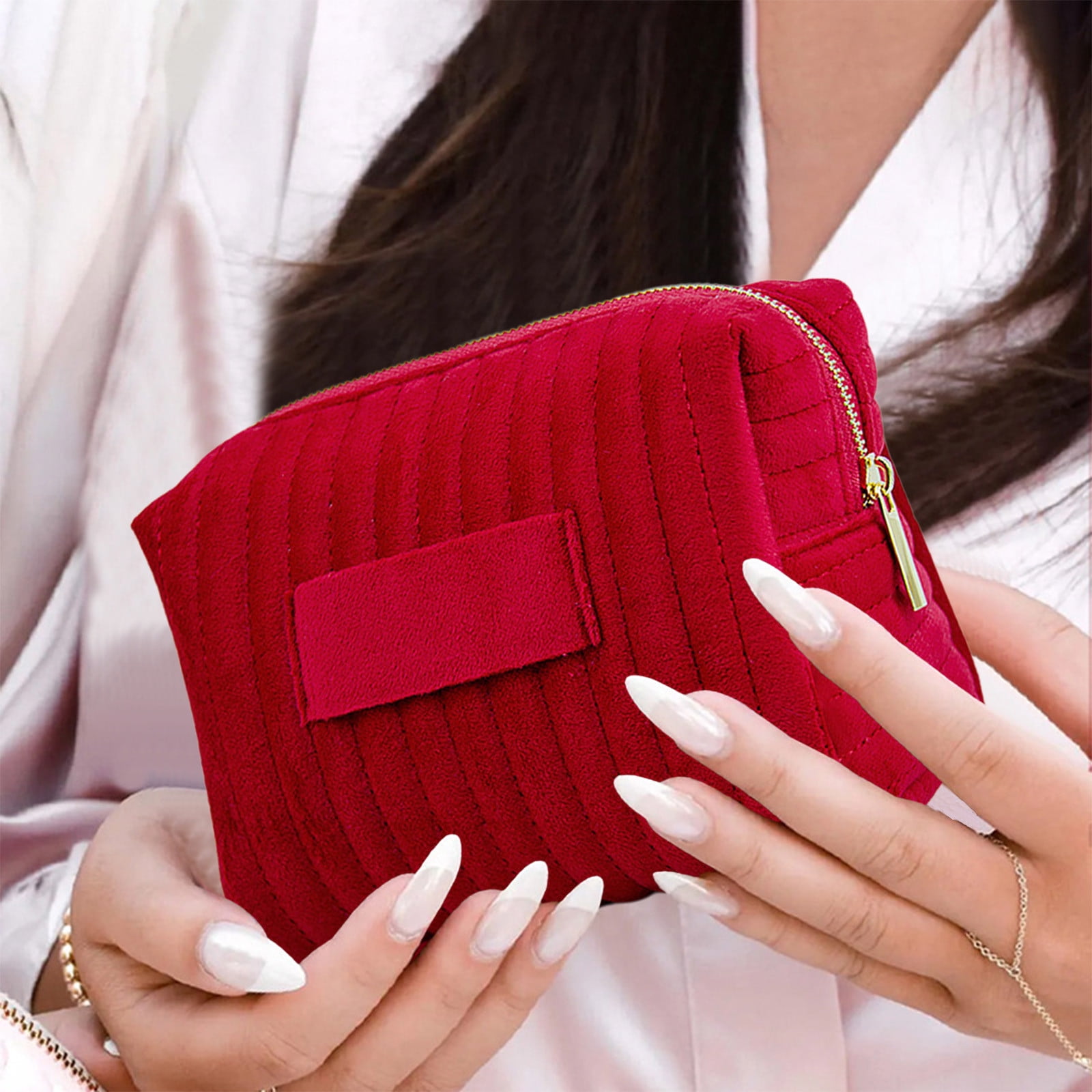 Ckraxd Embroidered Striped Velvet Cosmetic Bag Portable Makeup ...