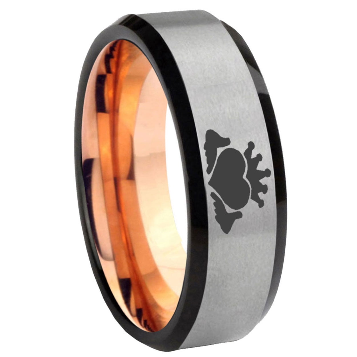 Claddagh Design 8MM Beveled Edge Gray And Rose Gold Tungsten Ring ...