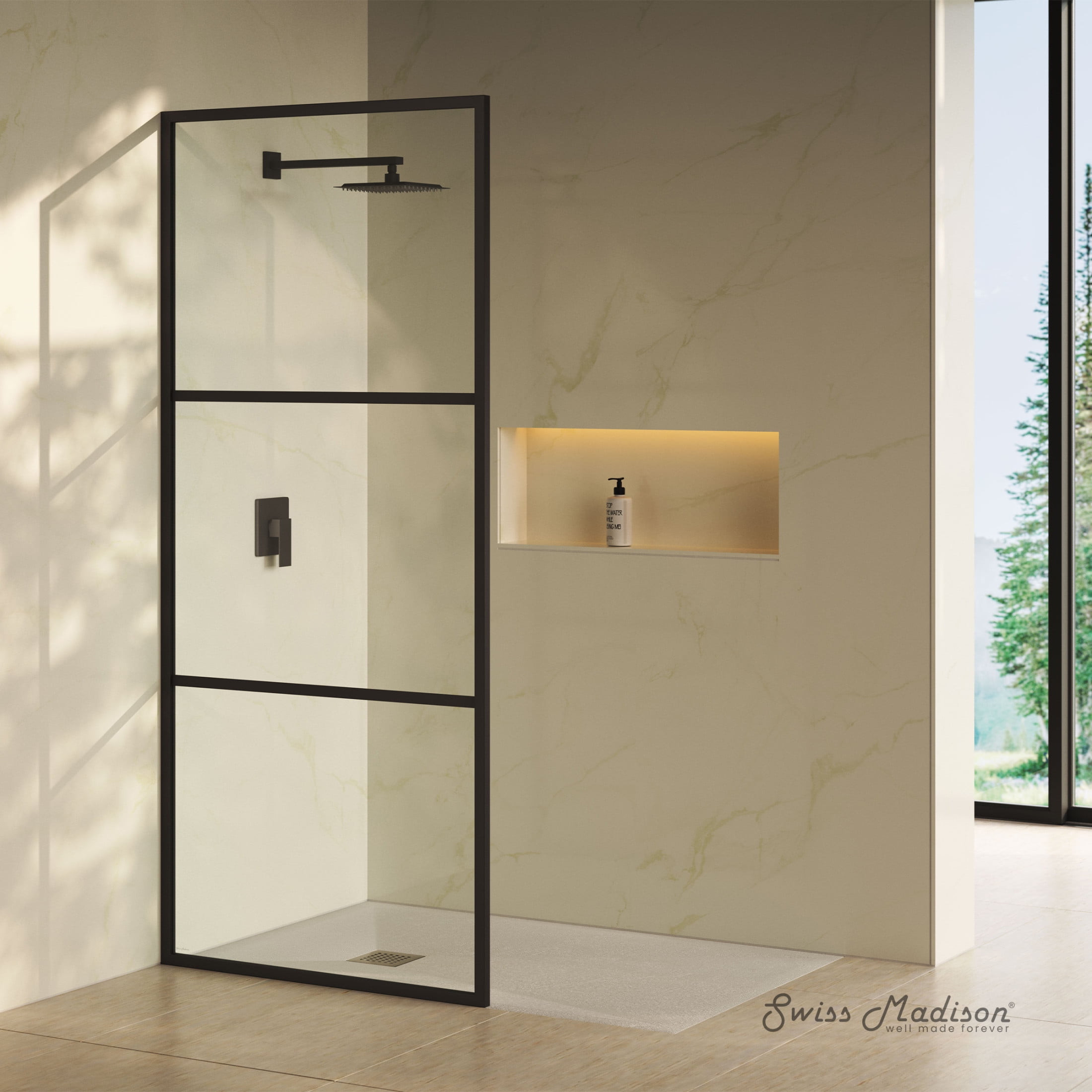 Claire 34 x 76 Framed Fixed 3/8 in. (10mm) Clear Tempered Glass Shower ...