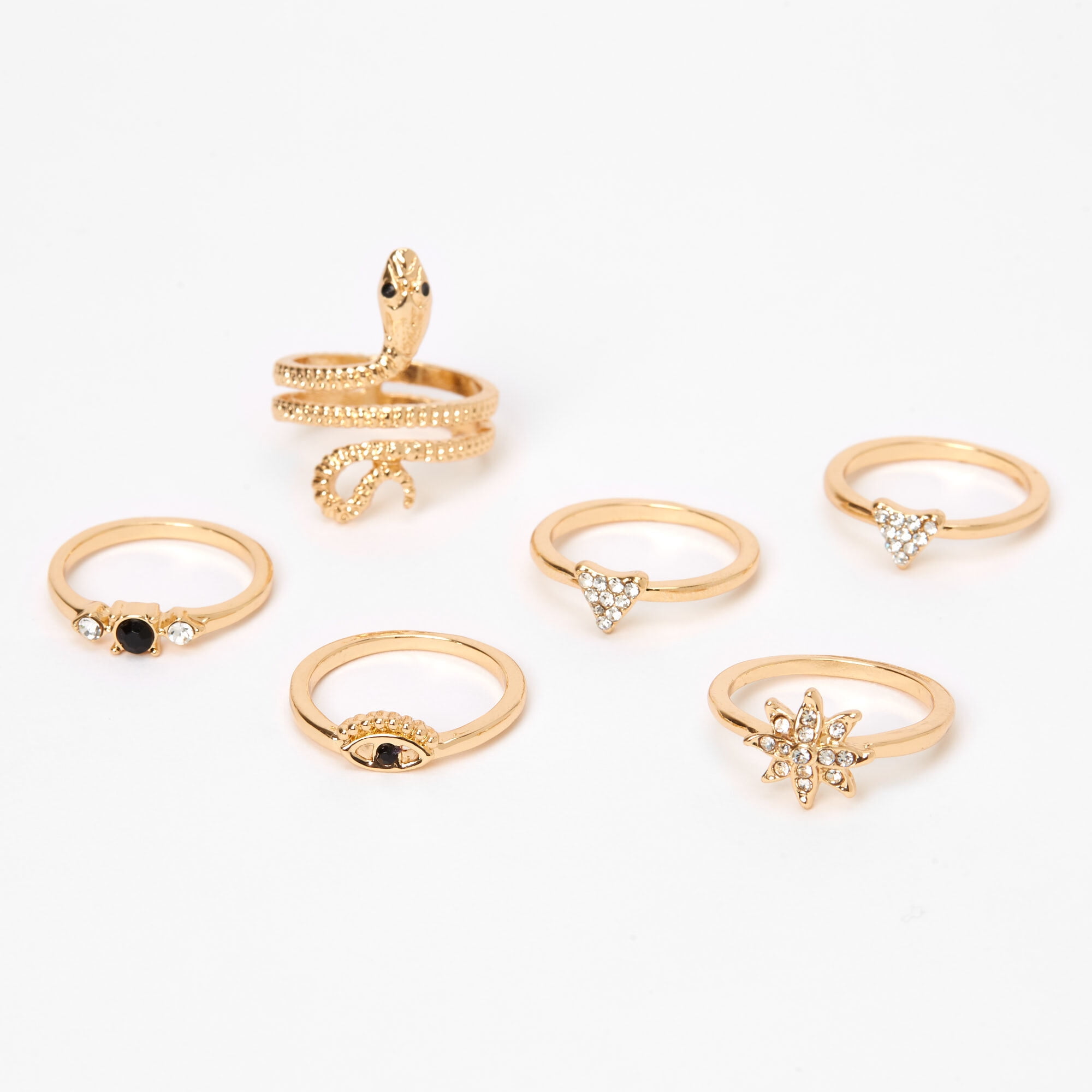 Claire's 6 Piece Gold Rings Set Fits Size Small/Medium Snake and Msytic ...