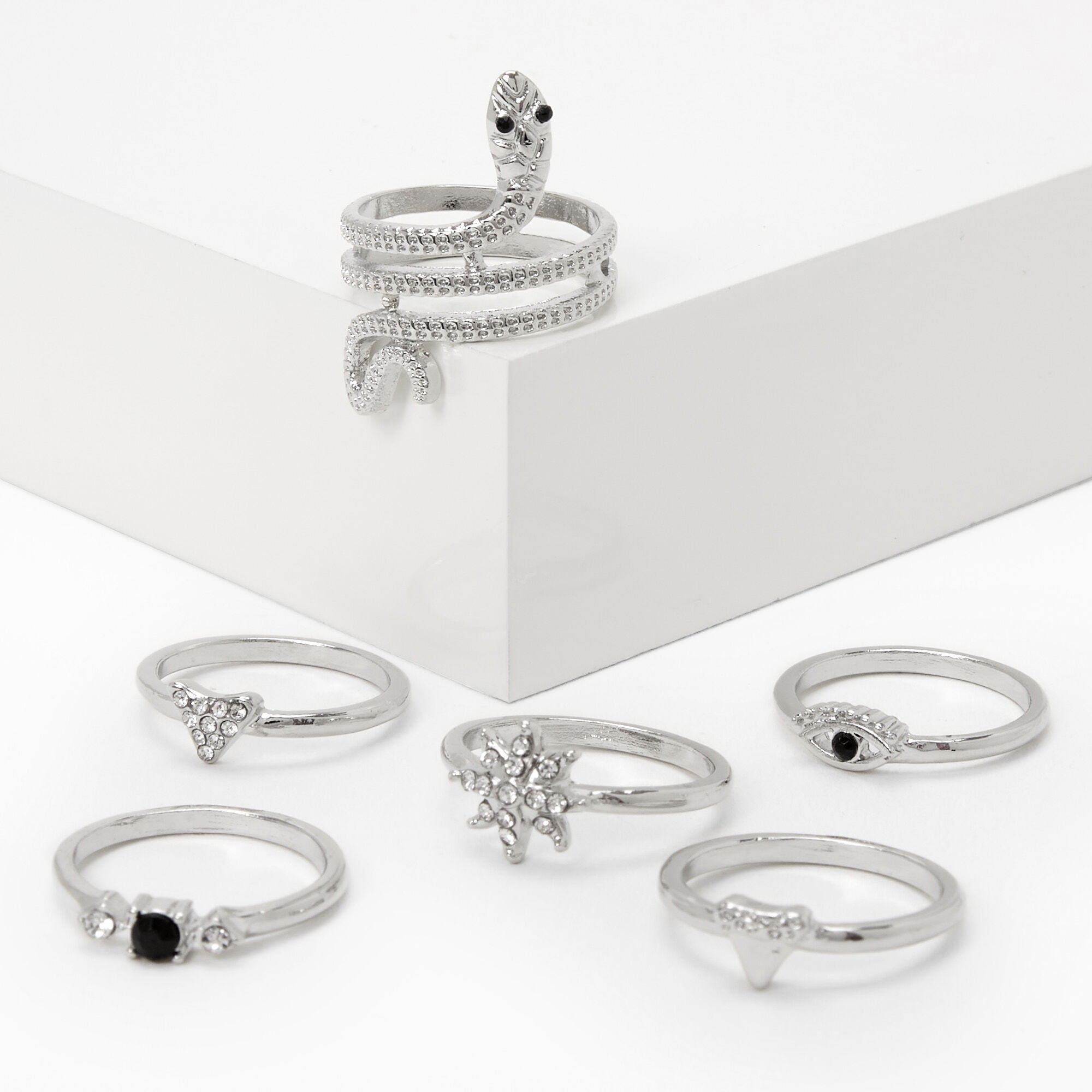 Claire's 6 Piece Silver Rings Set Fits Size Small/Medium Snake and ...