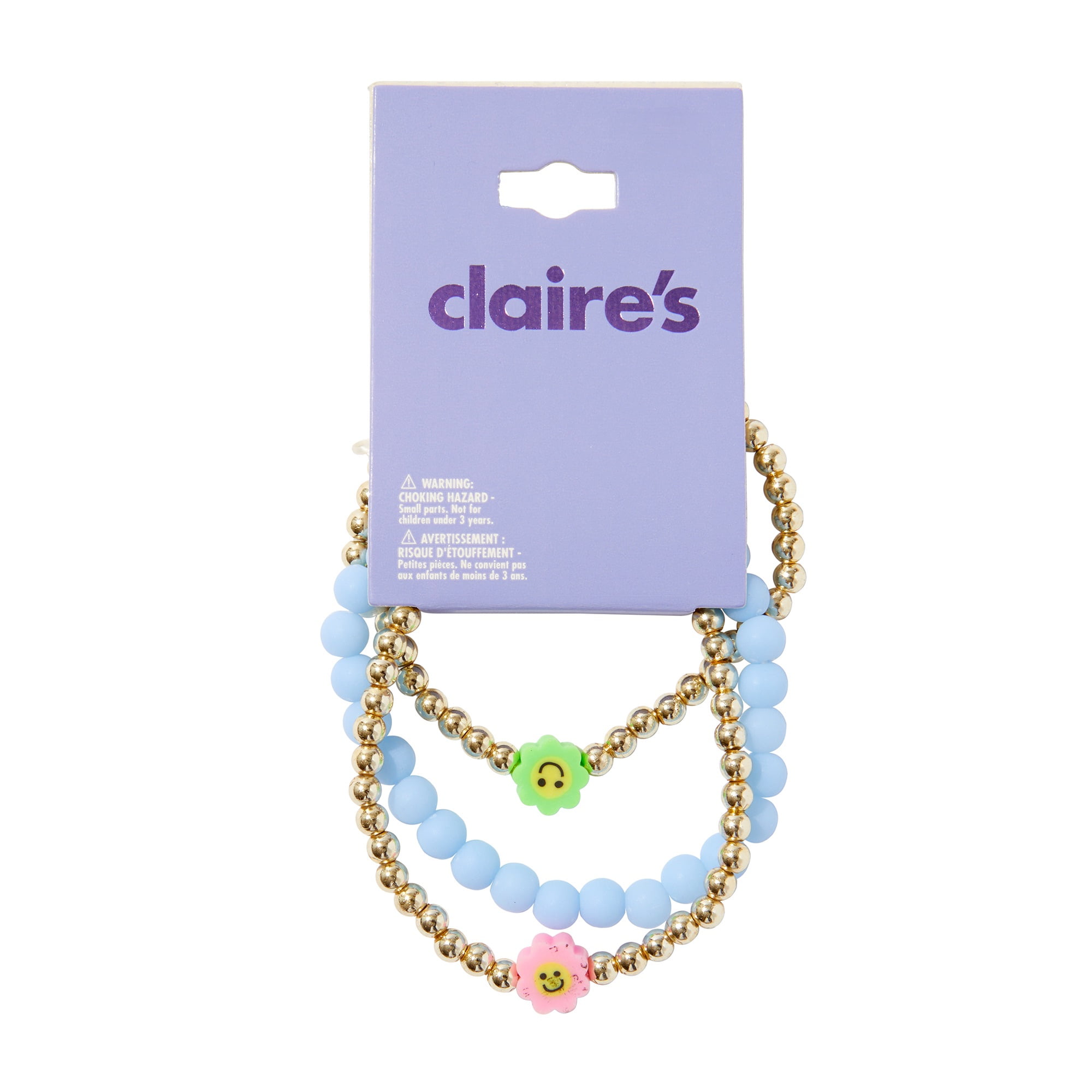 Claire's Blue Bead, Gold Bead and Smiley Face Stretch Bracelets, 3 ...