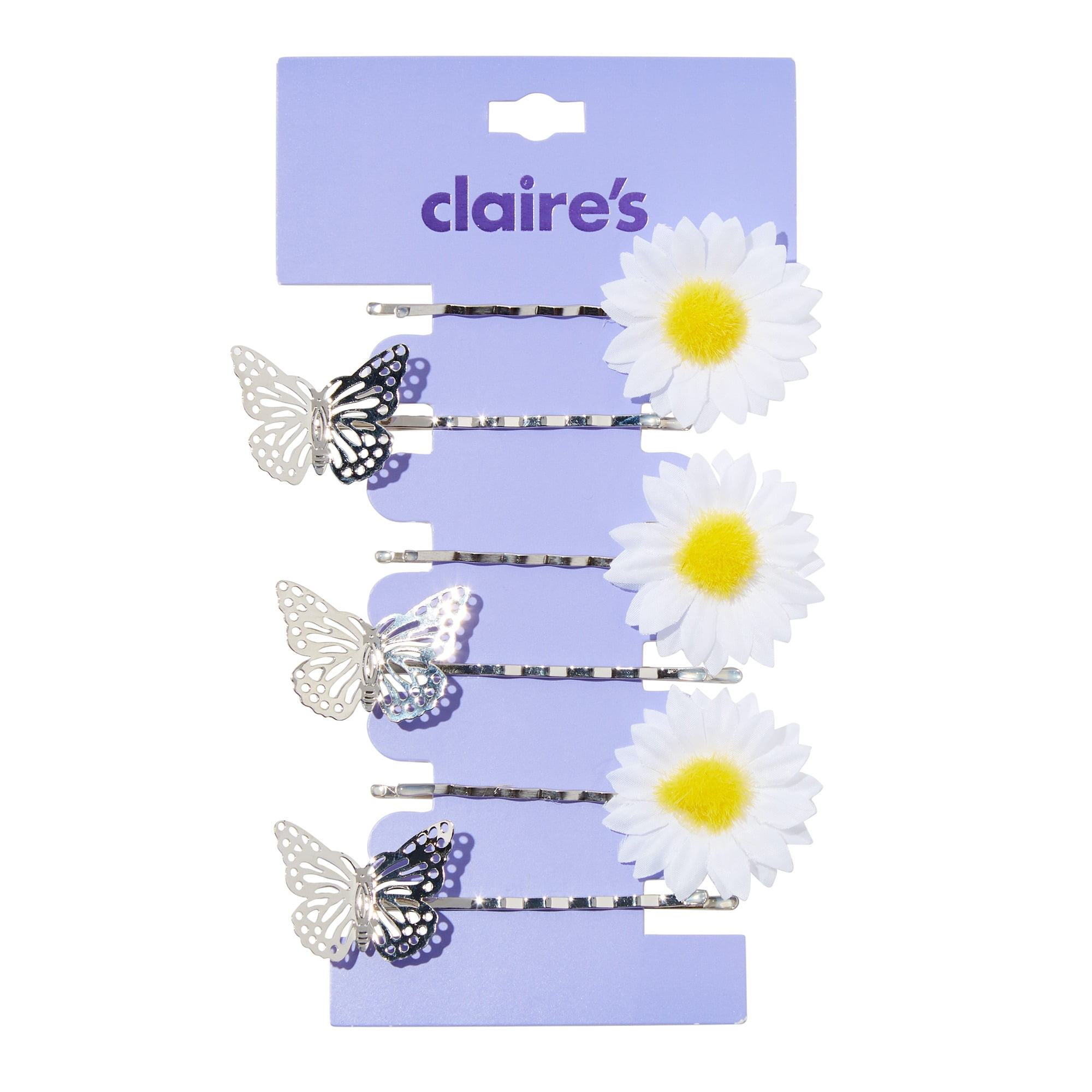 Claire's Childrens Daisy and Silver Butterfly Decorative Hair Pins, 6 ...