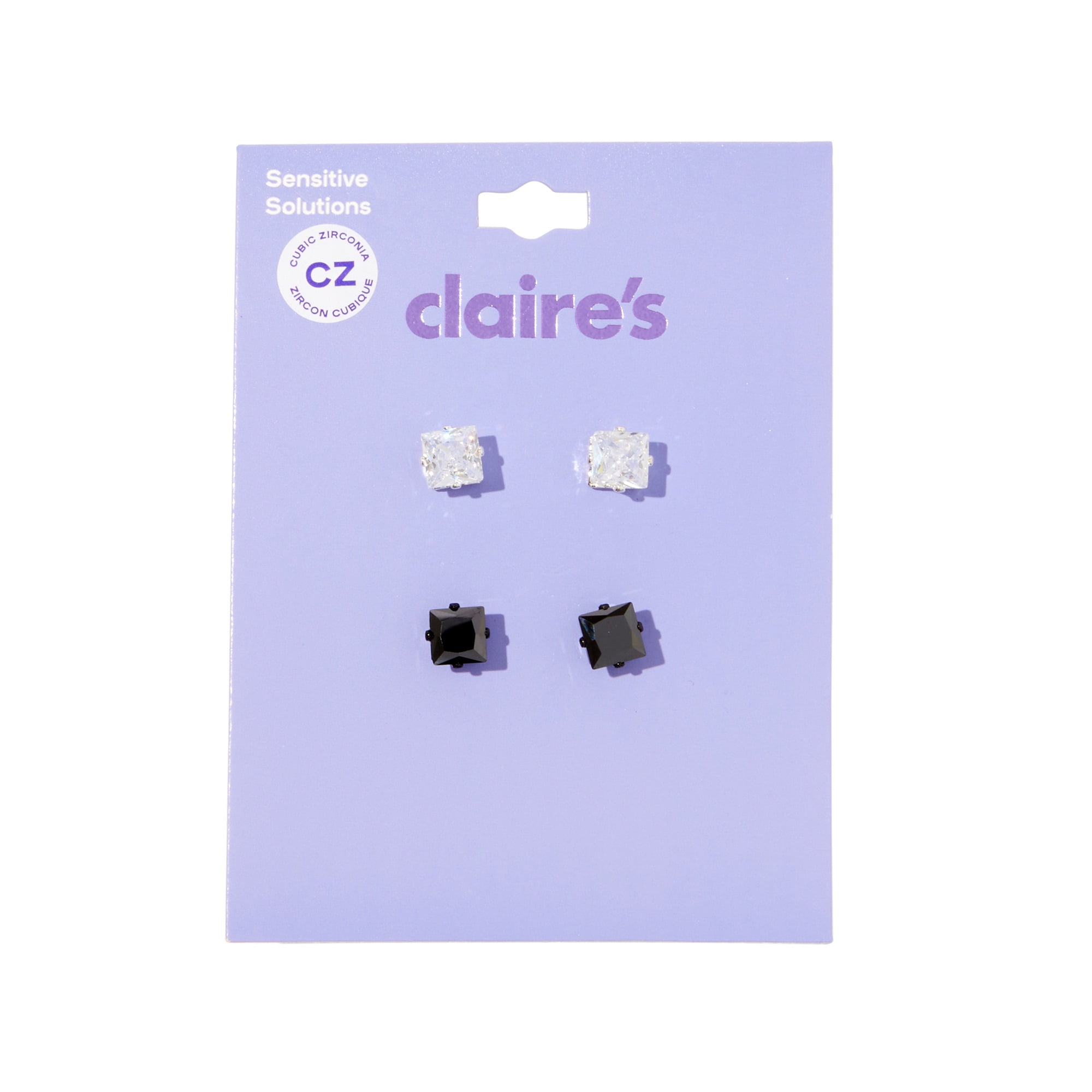 Claire's Teen Girls Clear and Black Cubic Zirconia Square Stud Earrings ...