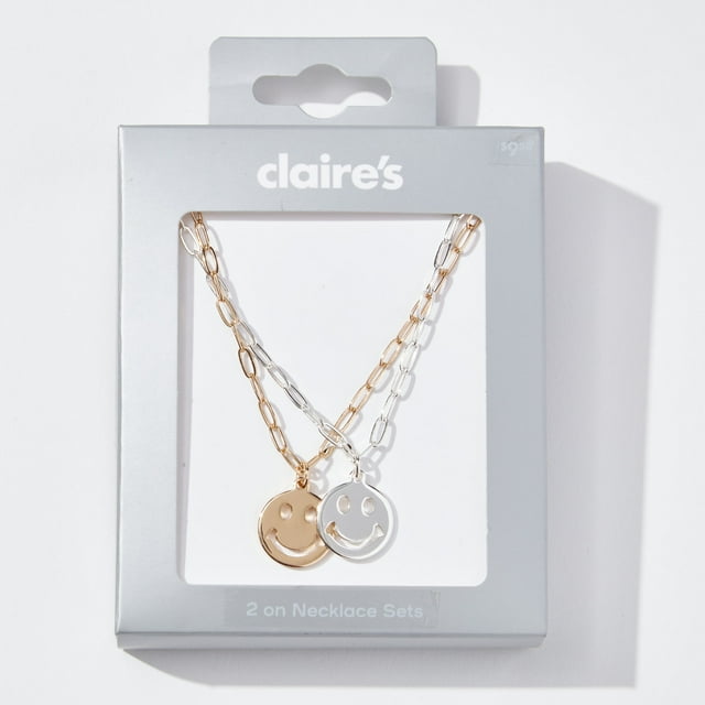 Claire's Girls Jewelry Box 2-Pack Gold And Silver Smiley Face Necklaces, Link Chain, Metal ...