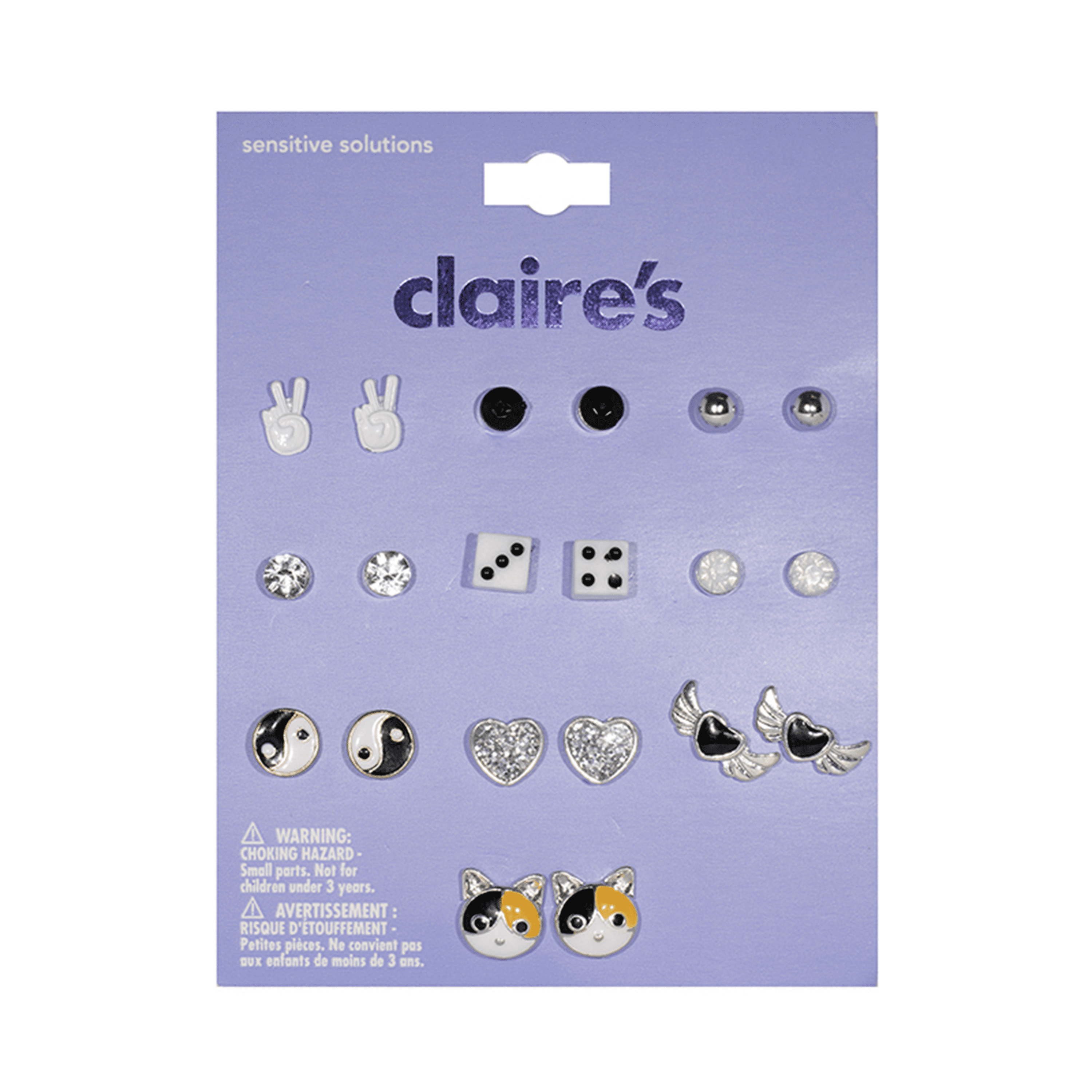 Claire’s Girls’ Silver Black and White Stud Earrings Set, Metal Alloy ...